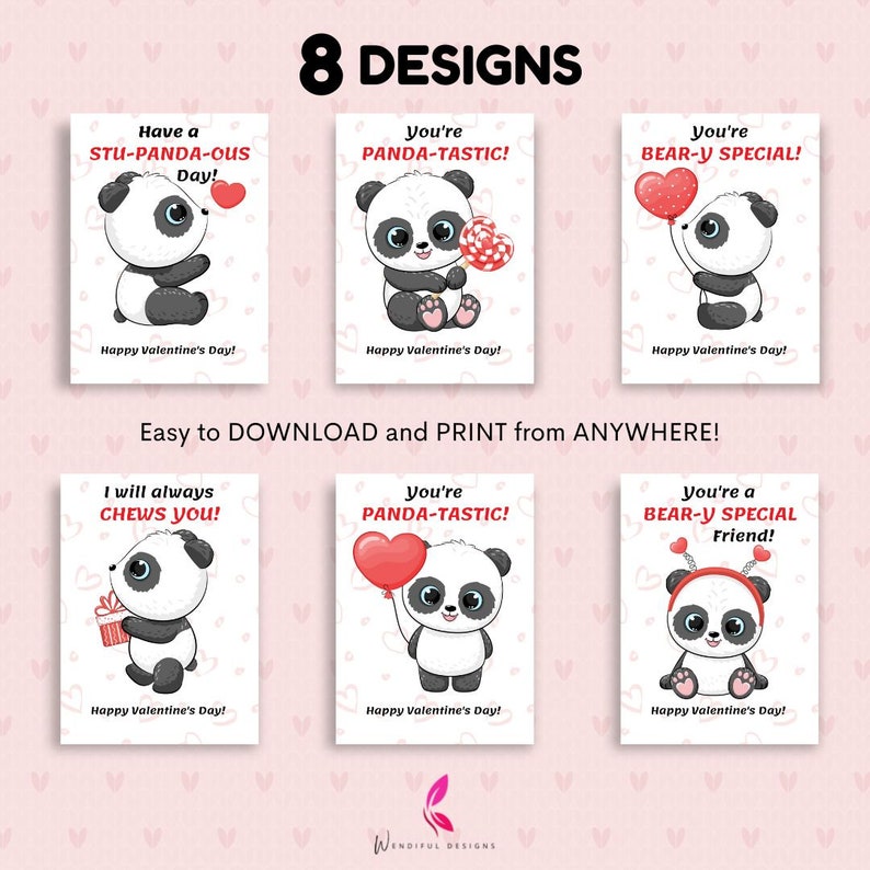Panda Valentine Cards Printable Instant Download Kids Valentine's Day ...