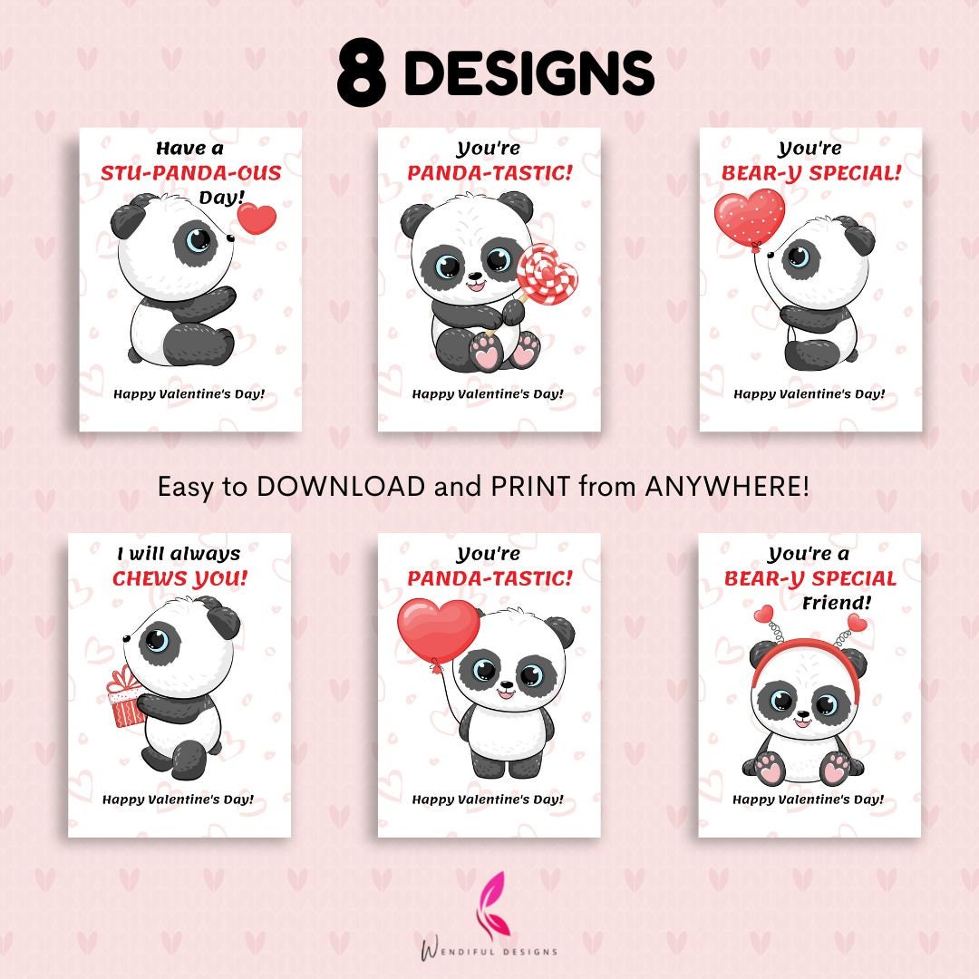 Panda Valentine Cards - Printable - Instant Download - Kids Valentine's ...