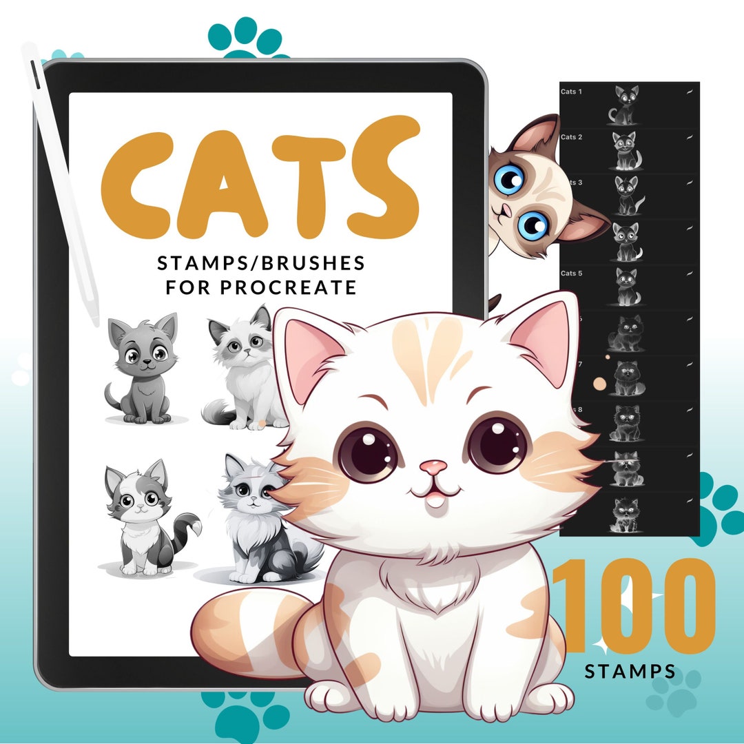 100 Cartoon Cats Procreate Stamps Brushes Cats 20 Different Breeds ...