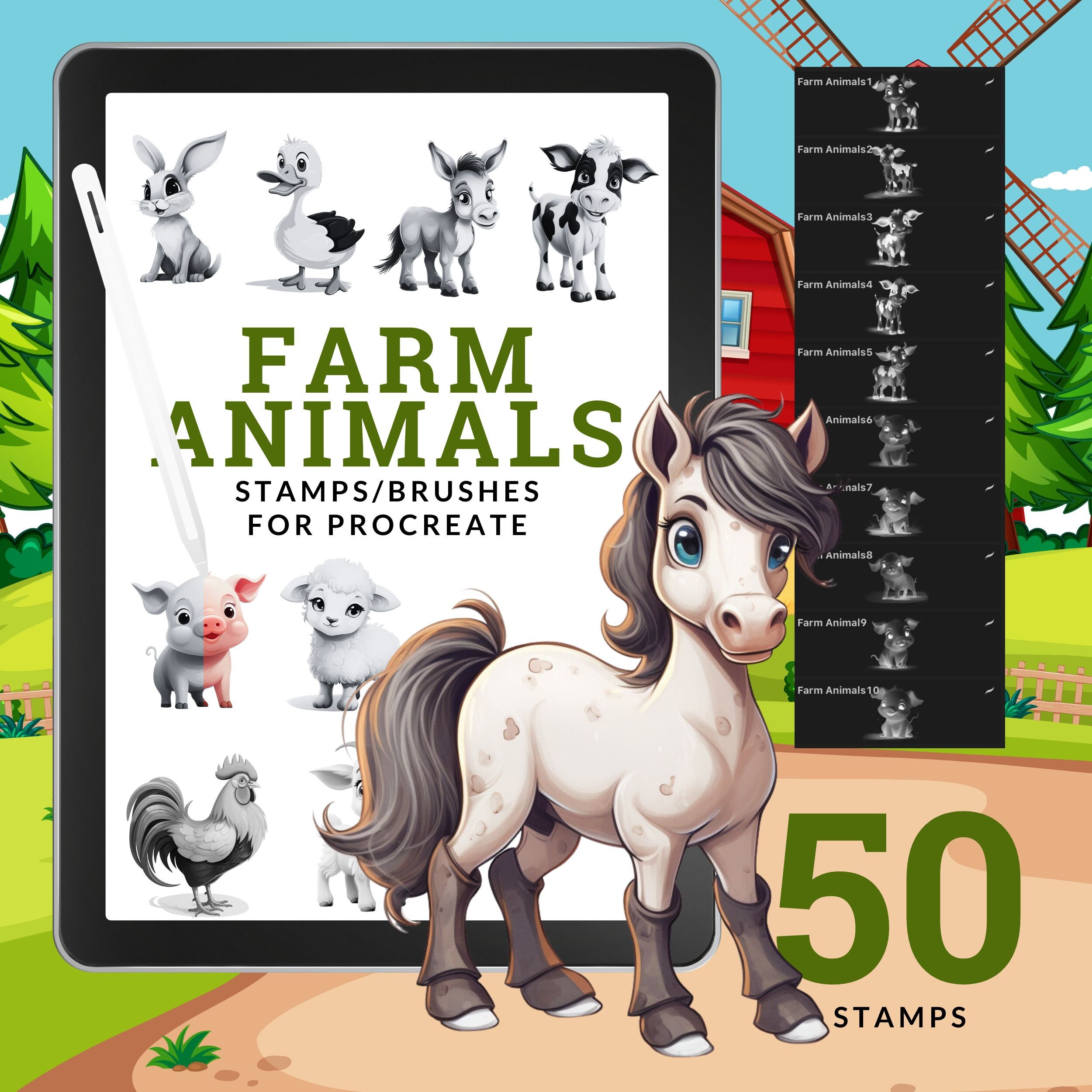 50 Farm Animals Procreate Stamps Procreate Brushes Horses Cows Sheep ...