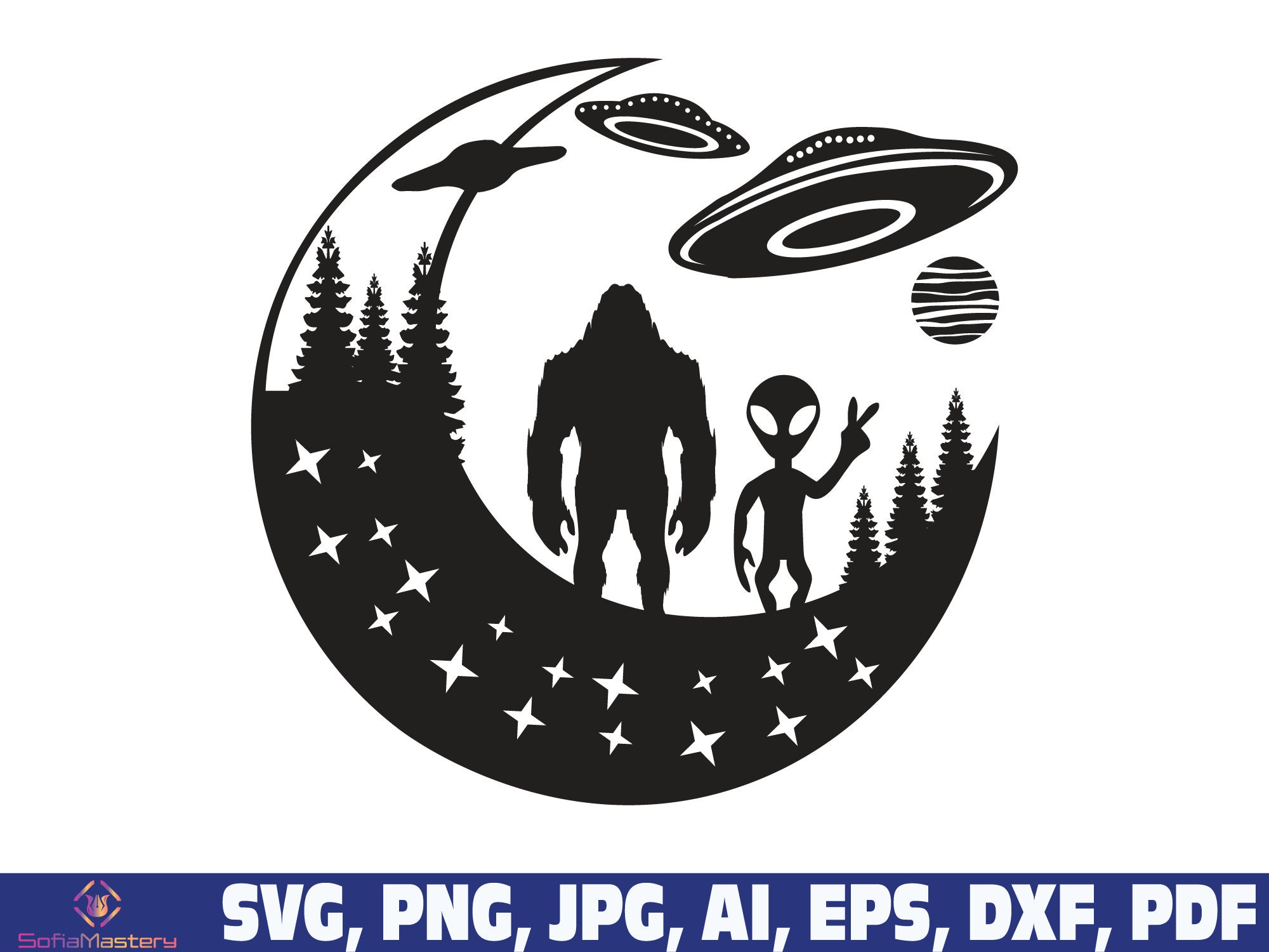 Alien Under the Moon Svg, Alien Svg, Big Foot Svg, UFO Svg, Bigfoot and ...
