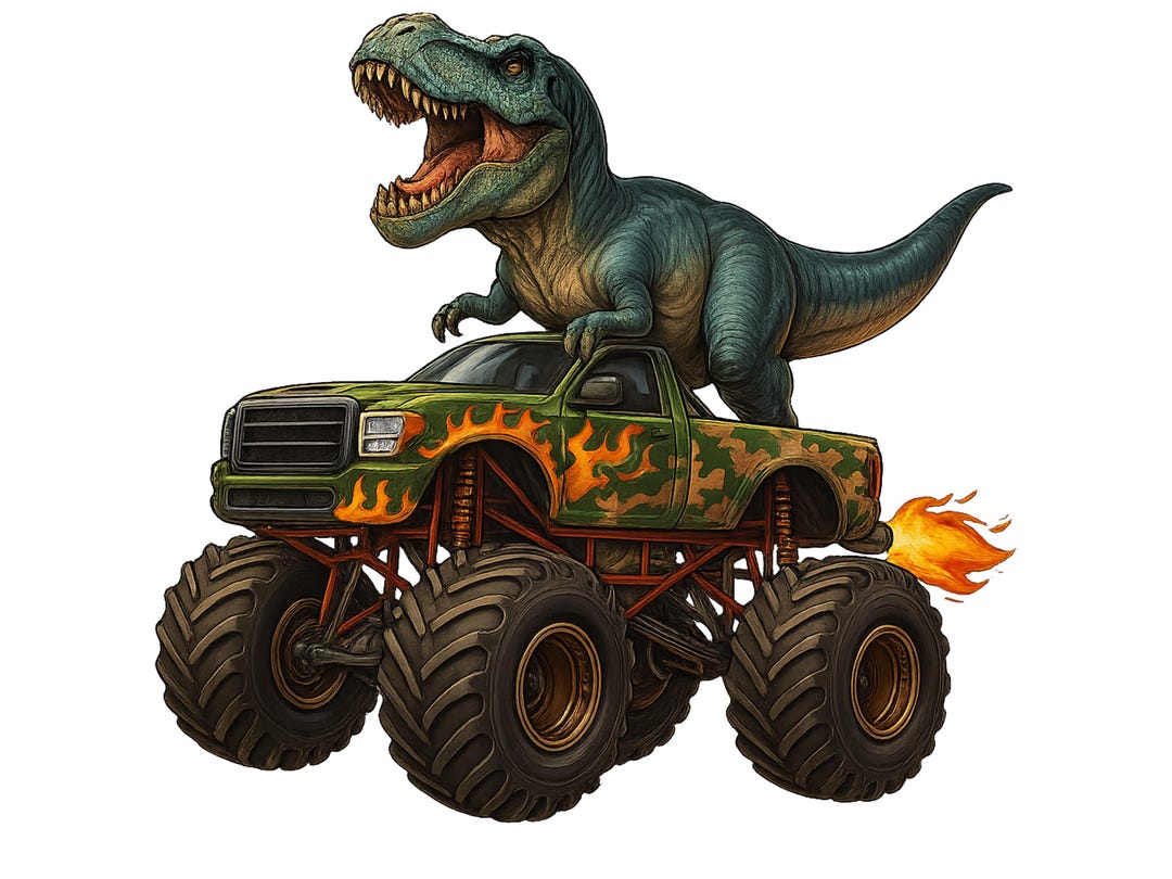 Monster Truck and T-rex Dinosaur PNG, Kids Sublimation Design, Extreme ...