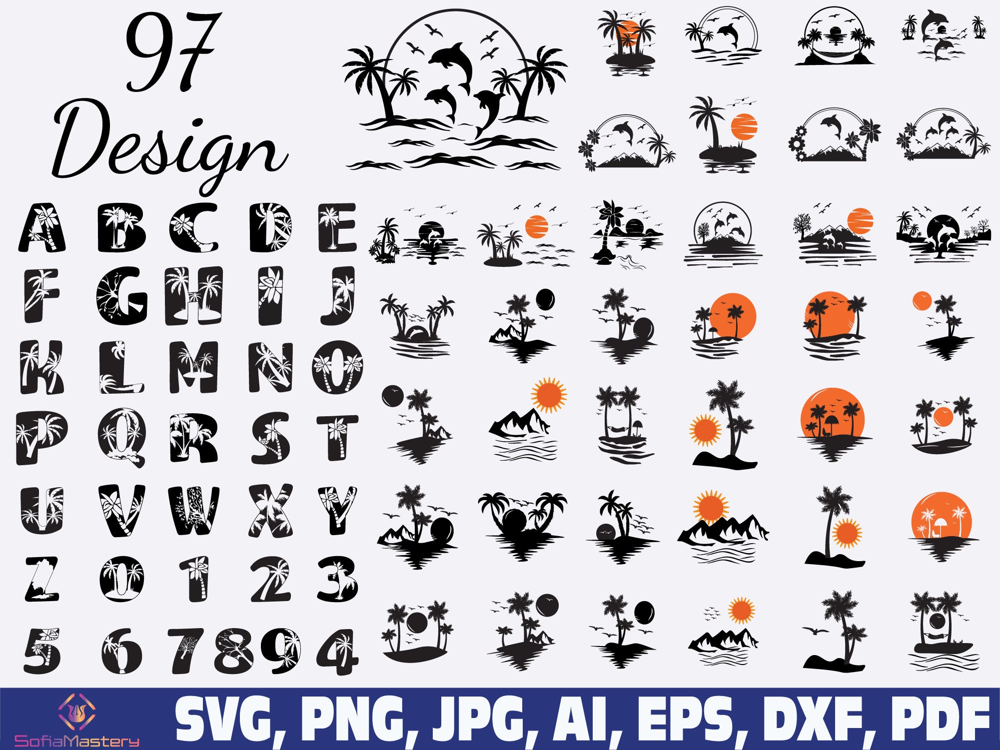 Palm Tree Font Alphabet Letters, Palm Trees Svg, Summer Svg, Sunset ...