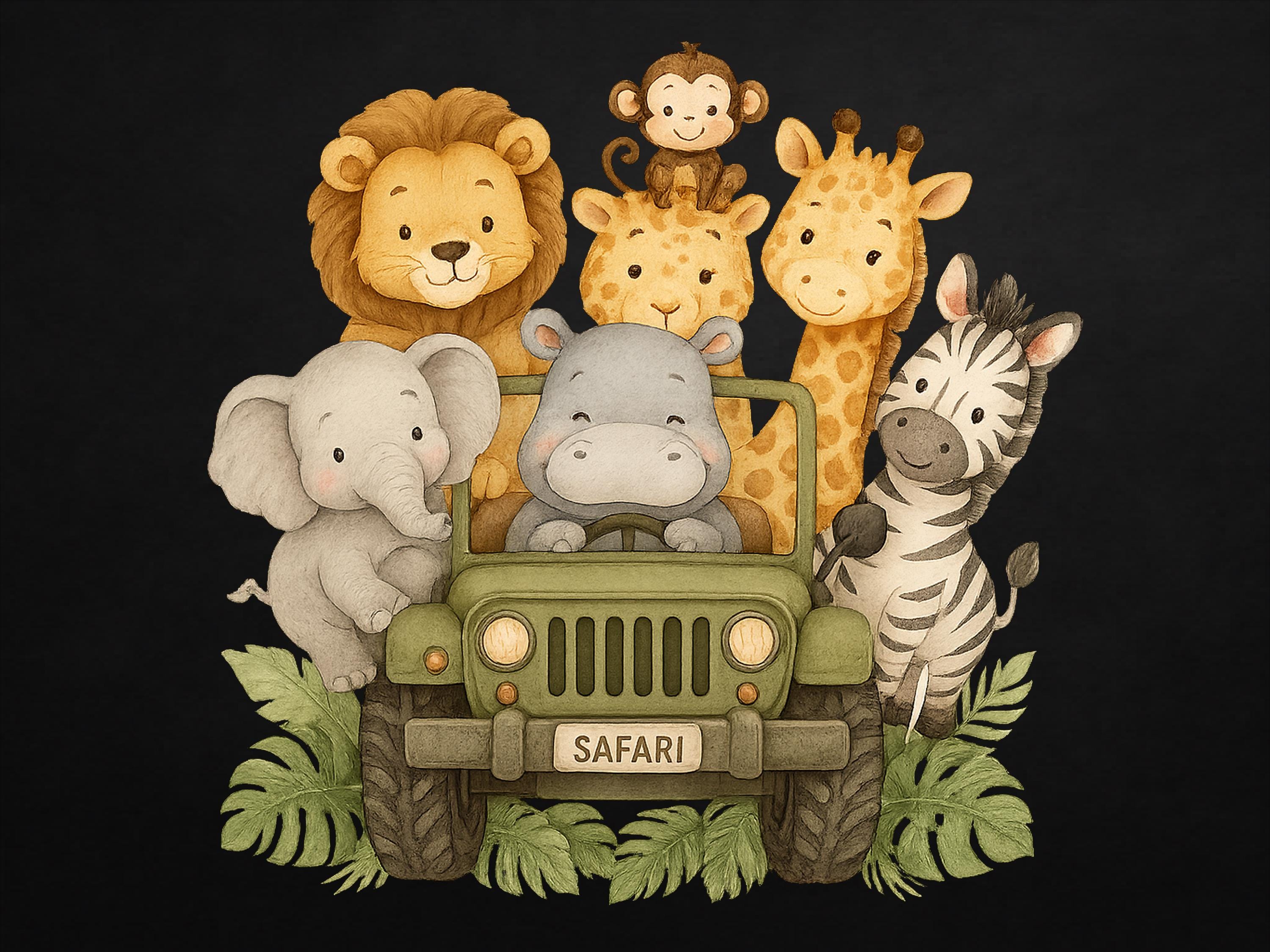 Safari Animals in Jungle Car PNG, Watercolor Clipart, Baby Onesie ...
