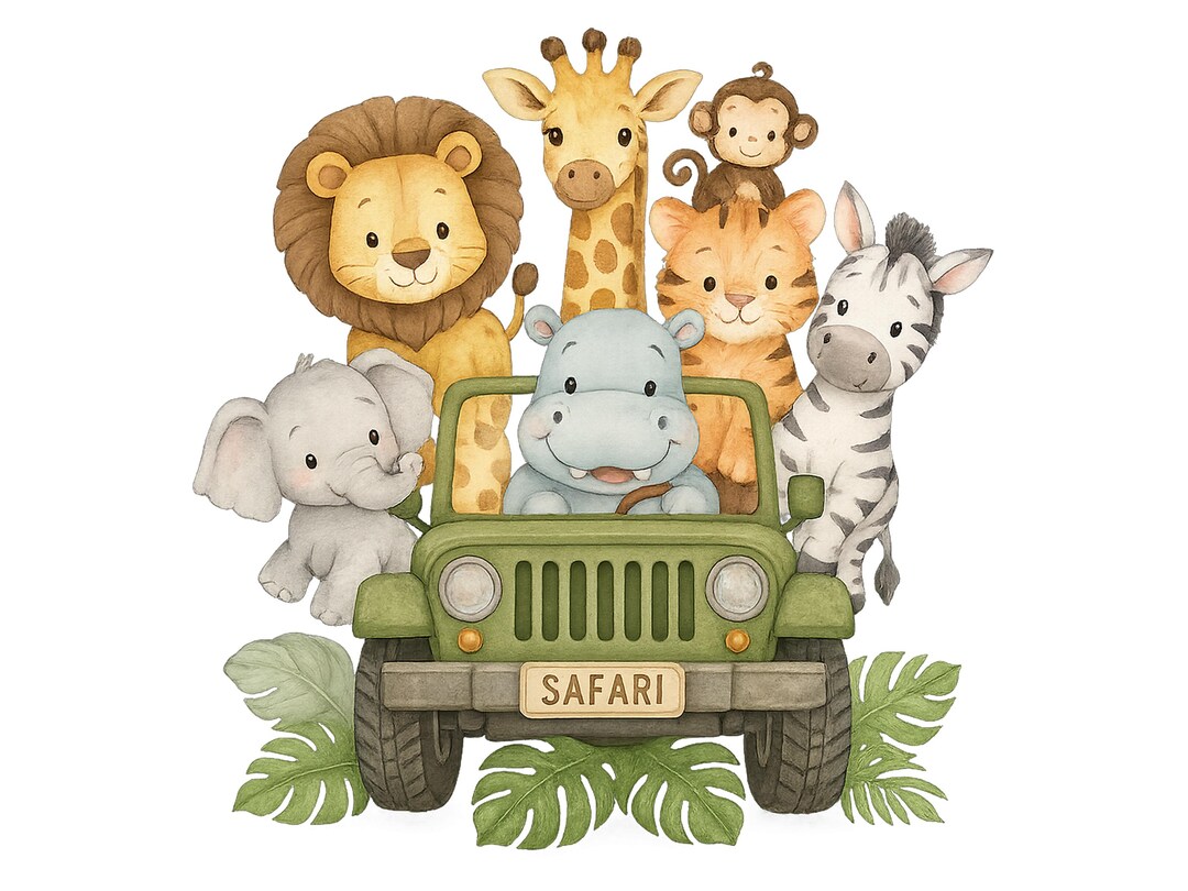 Safari Animals in Jungle Car PNG, Watercolor Clipart, Sublimation ...