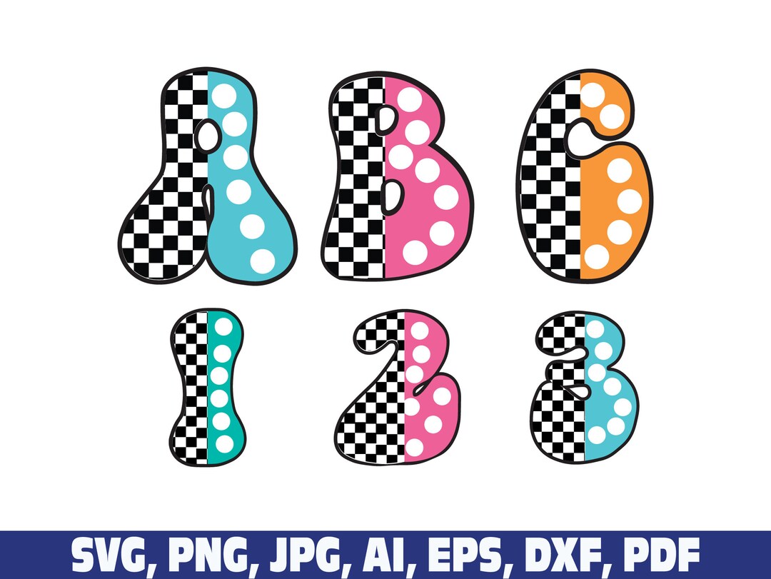 Doodle Bright Alphabet Letters Font Svg Png, Half Race Checkered Dots ...