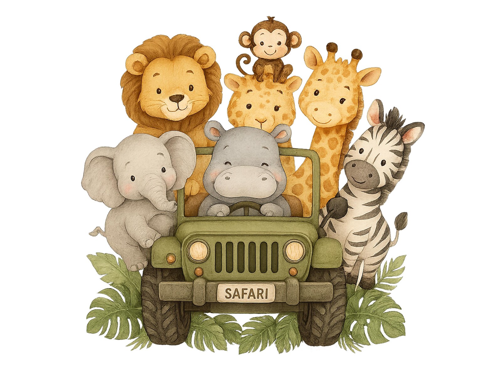 Safari Animals in Jungle Car PNG, Watercolor Clipart, Baby Onesie ...