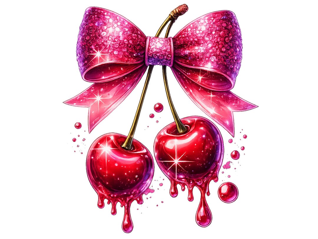 Dripping Cherry Clipart PNG Watercolor Set, Glamorous Bows, DIY Crafts ...