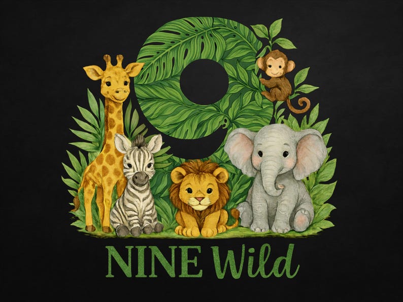 Number Nine Jungle Animals PNG, Birthday Sublimation Design, Safari ...
