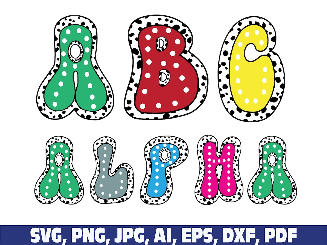Dalmatian Dots Letters Alphabet Font PNG Svg, Doodle Bright Colors ...