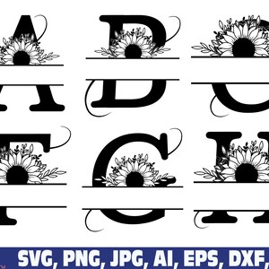 Sunflower Split Monogram Alphabet Letters Svg, Jpg, Png, Floral ...