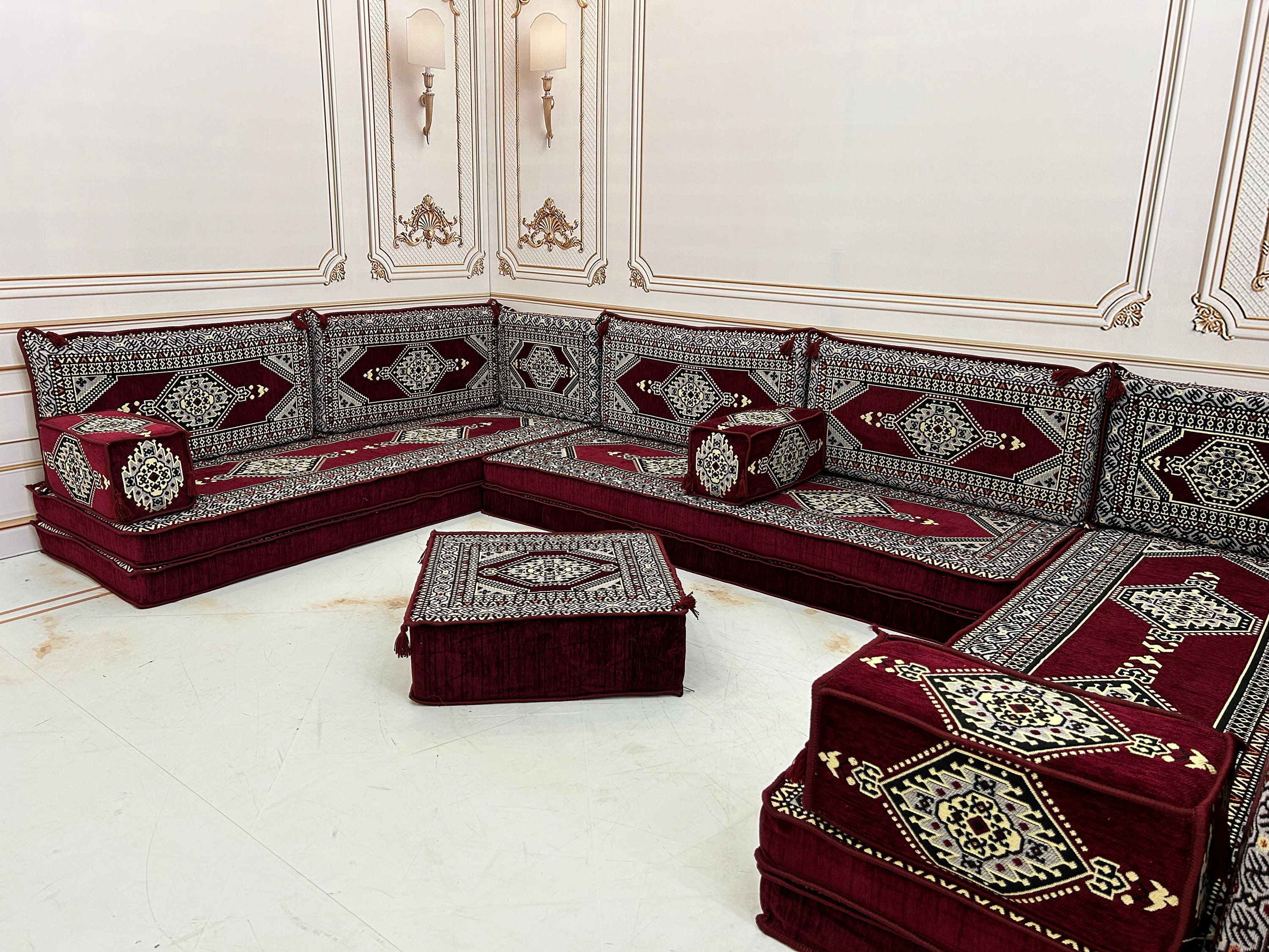 8 Maroon Color U Shaped Arabic Sofa Set,arabic Majlis,floor Cushions ...