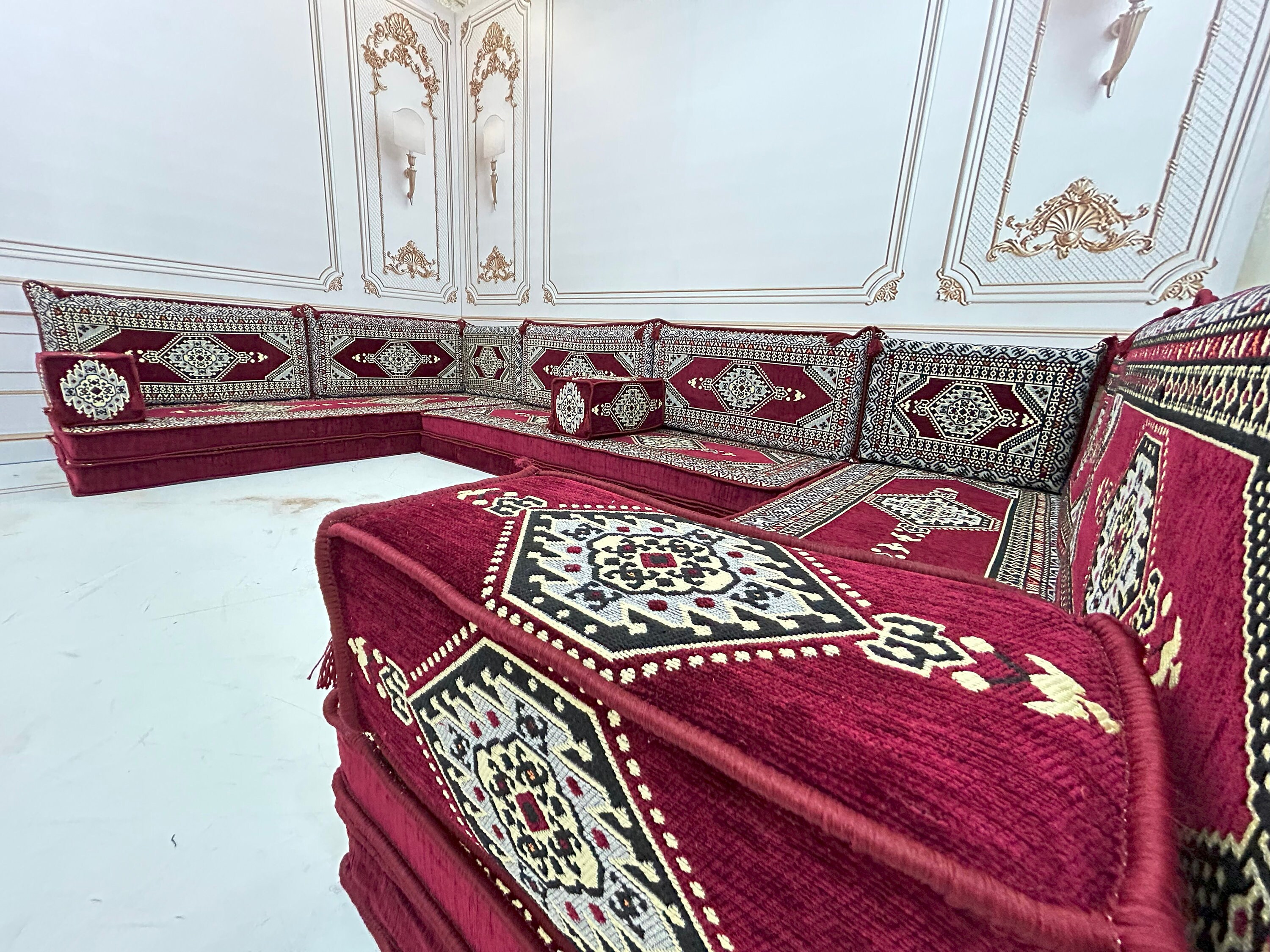 8 Maroon Color U Shaped Arabic Sofa Set,arabic Majlis,floor Cushions ...