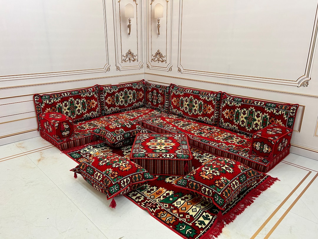 Moroccan Living Room Sofa Set L Shaped Red Pine Model 4" Thick Sofa Set ...
