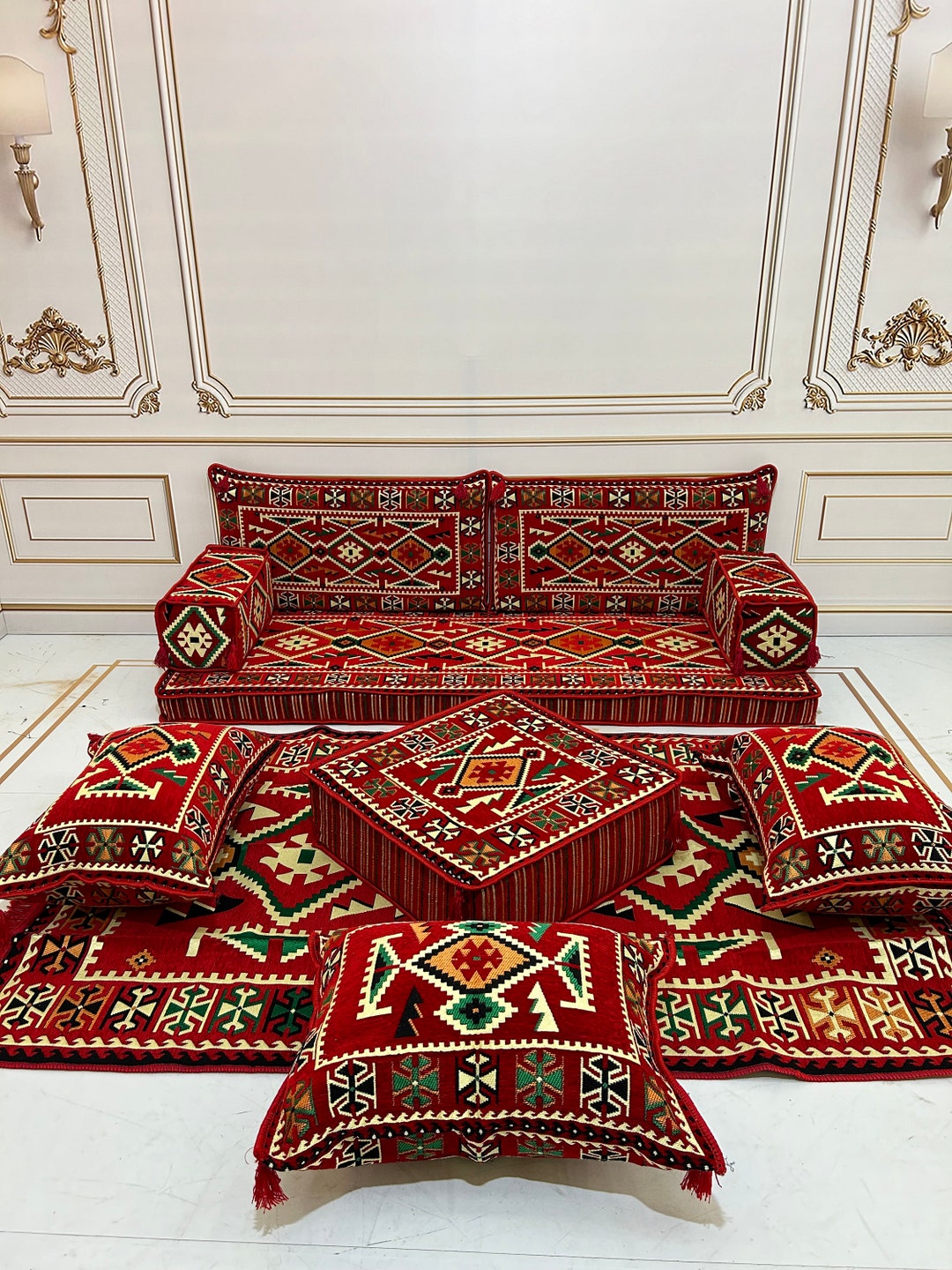 Sunset Arabic Majlis Sofa Set: 4" Thick Floor Seating, Ottoman & Rug - Etsy