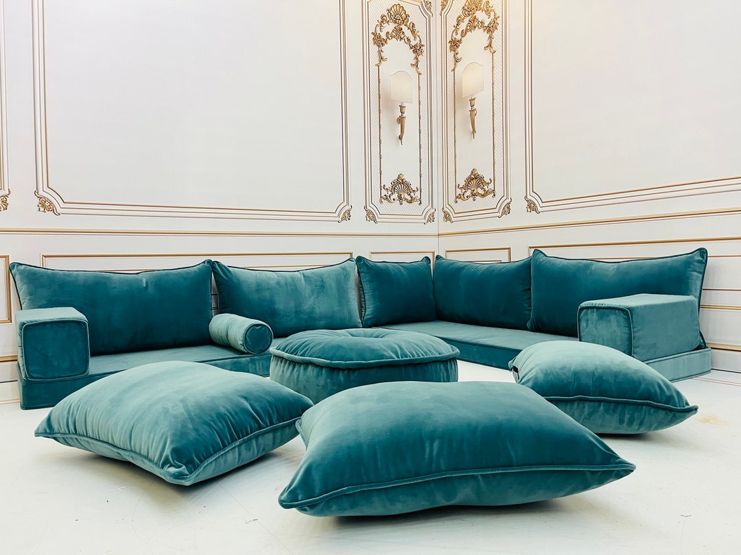 4''thick L Shaped Royal Shiny Green Color Luxury Velvet Floor Seating ...