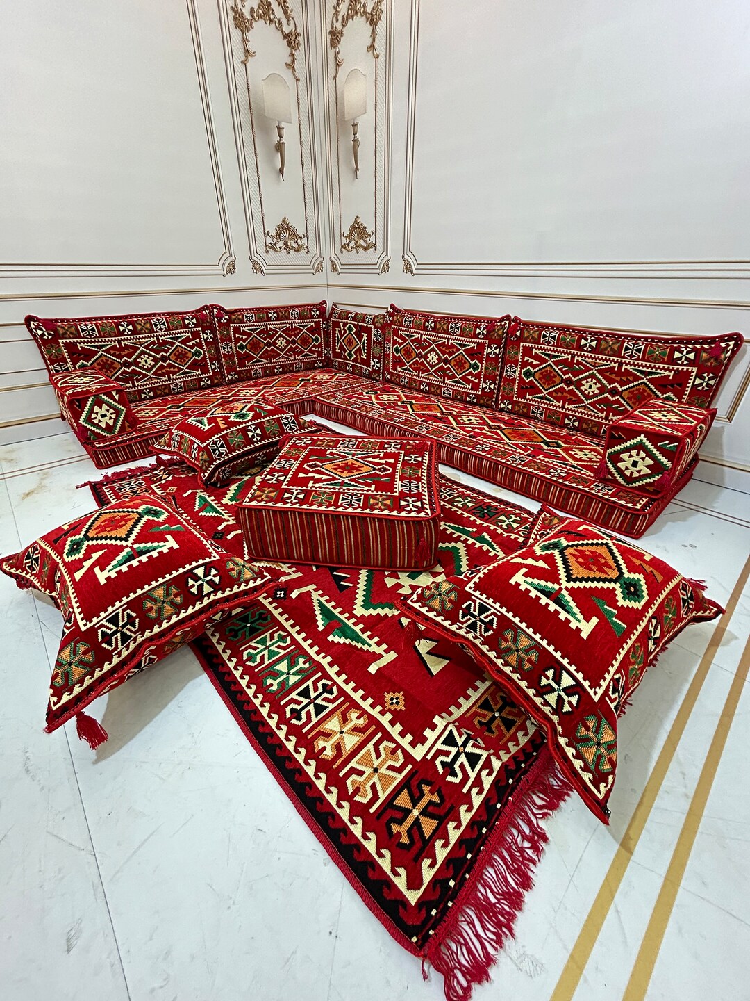 L-shaped Arabic Majlis Floor Seating Set: Sunset Sofa, Rug & Pillows - Etsy