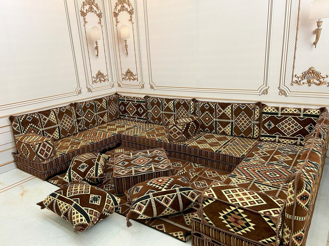 Brown Moroccan Floor Seating Set: Arabic Majlis Sofa, Daybed Cushions ...