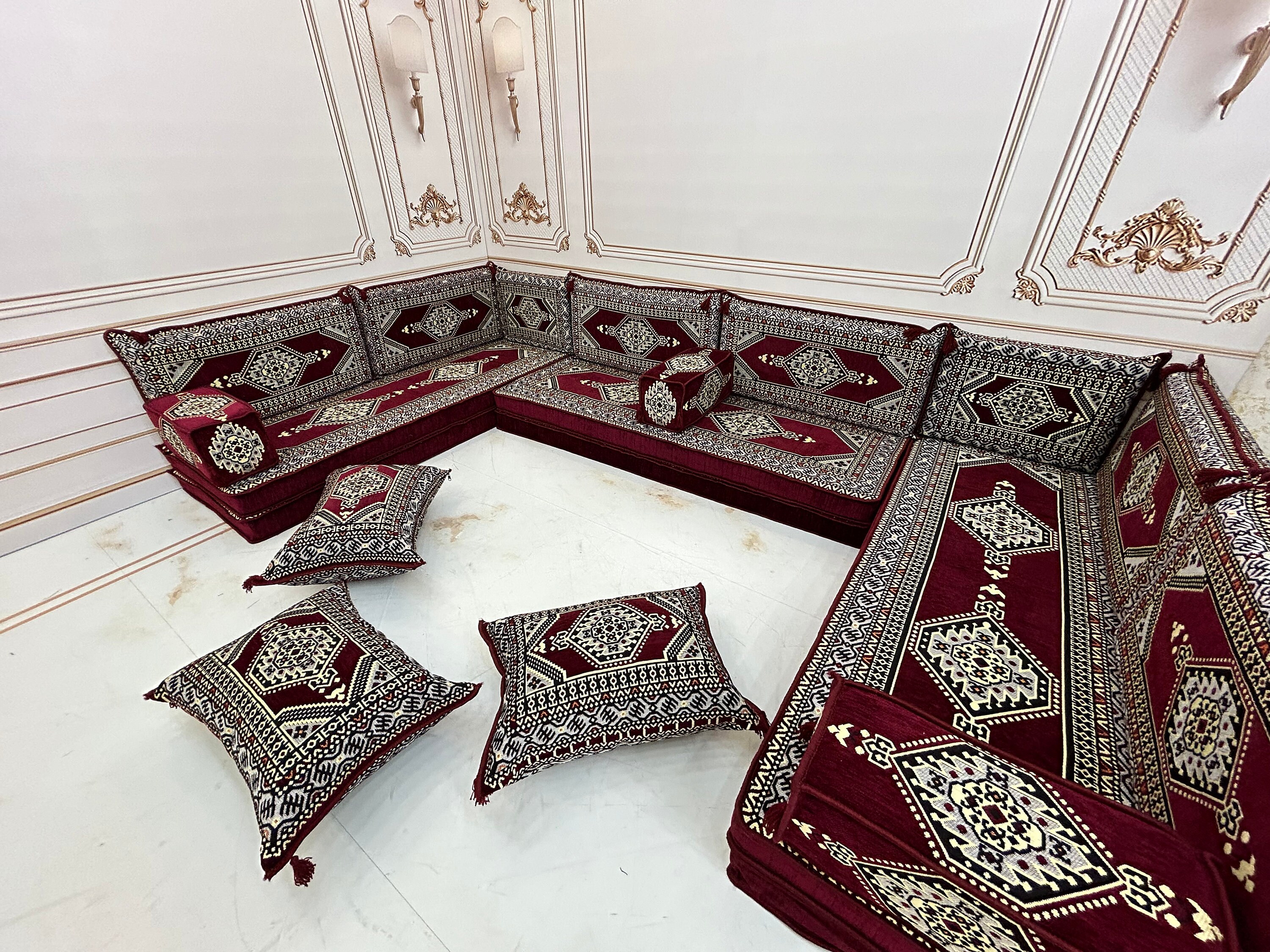 8 Maroon Color U Shaped Arabic Sofa Set,arabic Majlis,floor Cushions ...