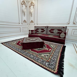 Maroon Floor Sofa Seating Set,ottoman Couch Rug,floor Seating Pillows ...