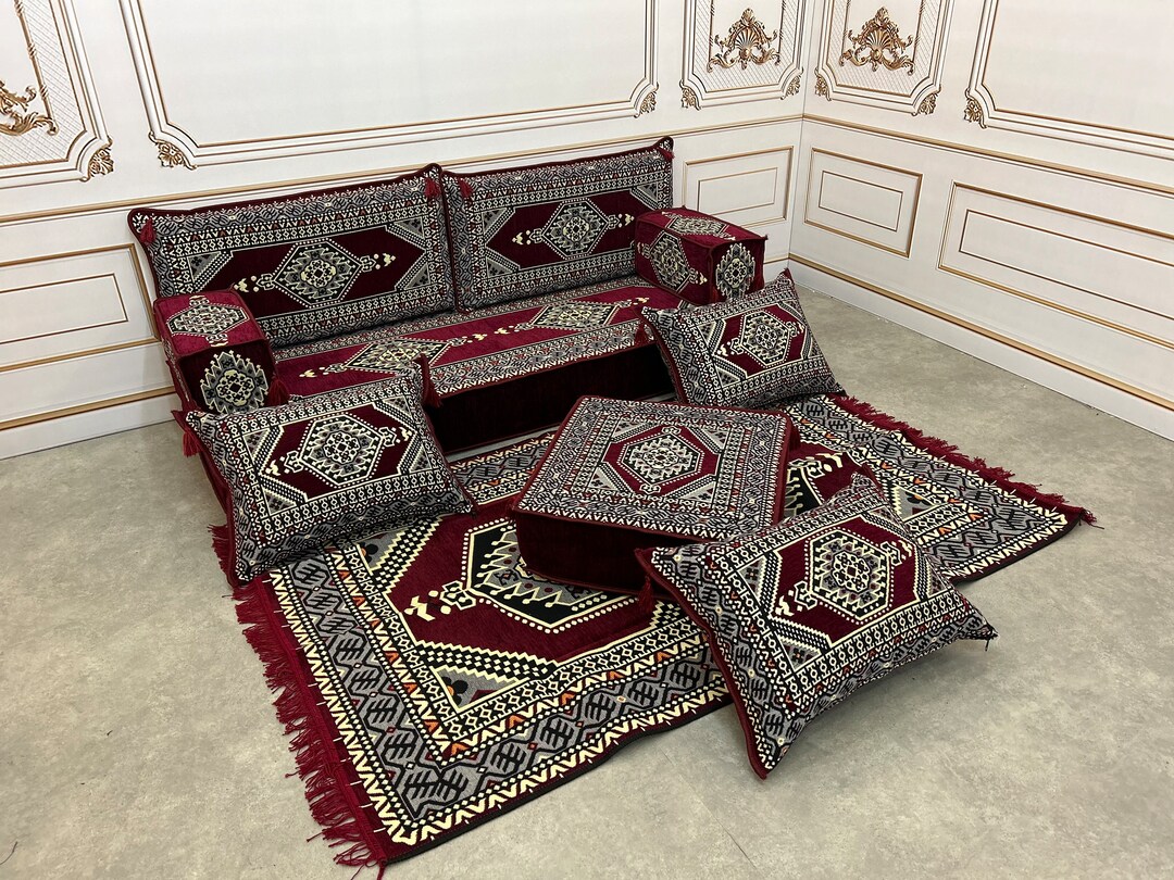 Maroon Floor Sofa Seating Set,ottoman Couch Rug,floor Seating Pillows ...