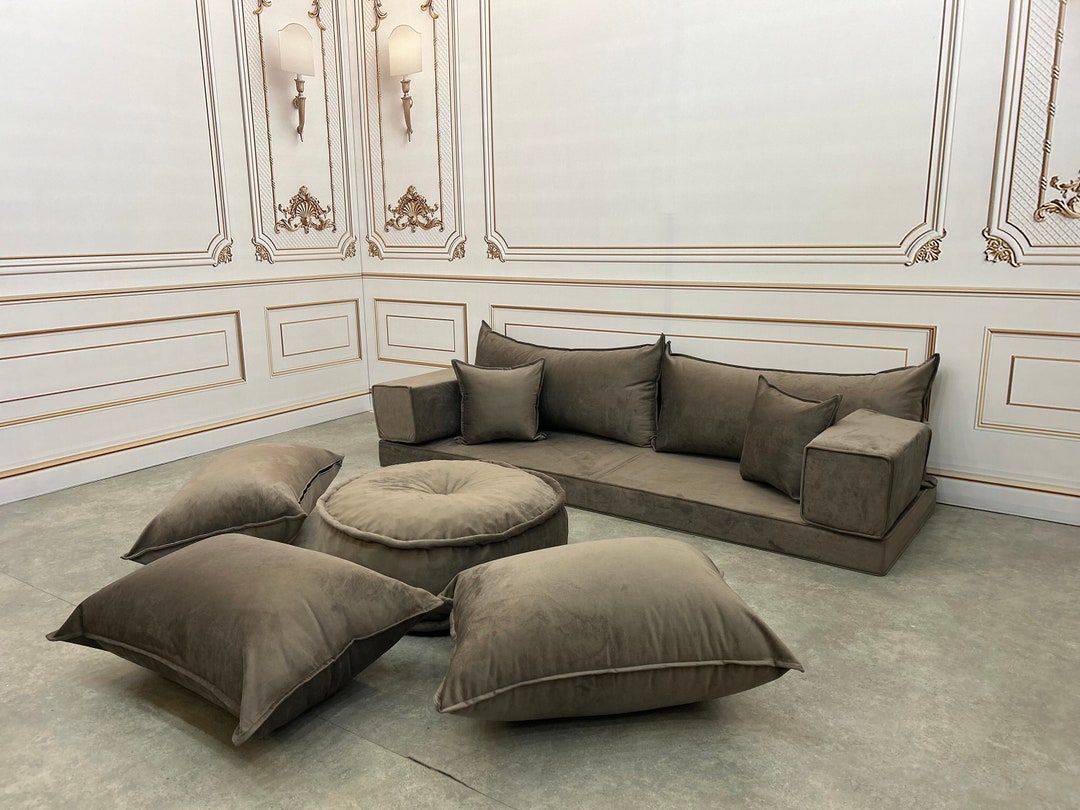 4'' Thick Unique Mocha Arabic Sofa Set Luxury Velvet Floor Seating ...