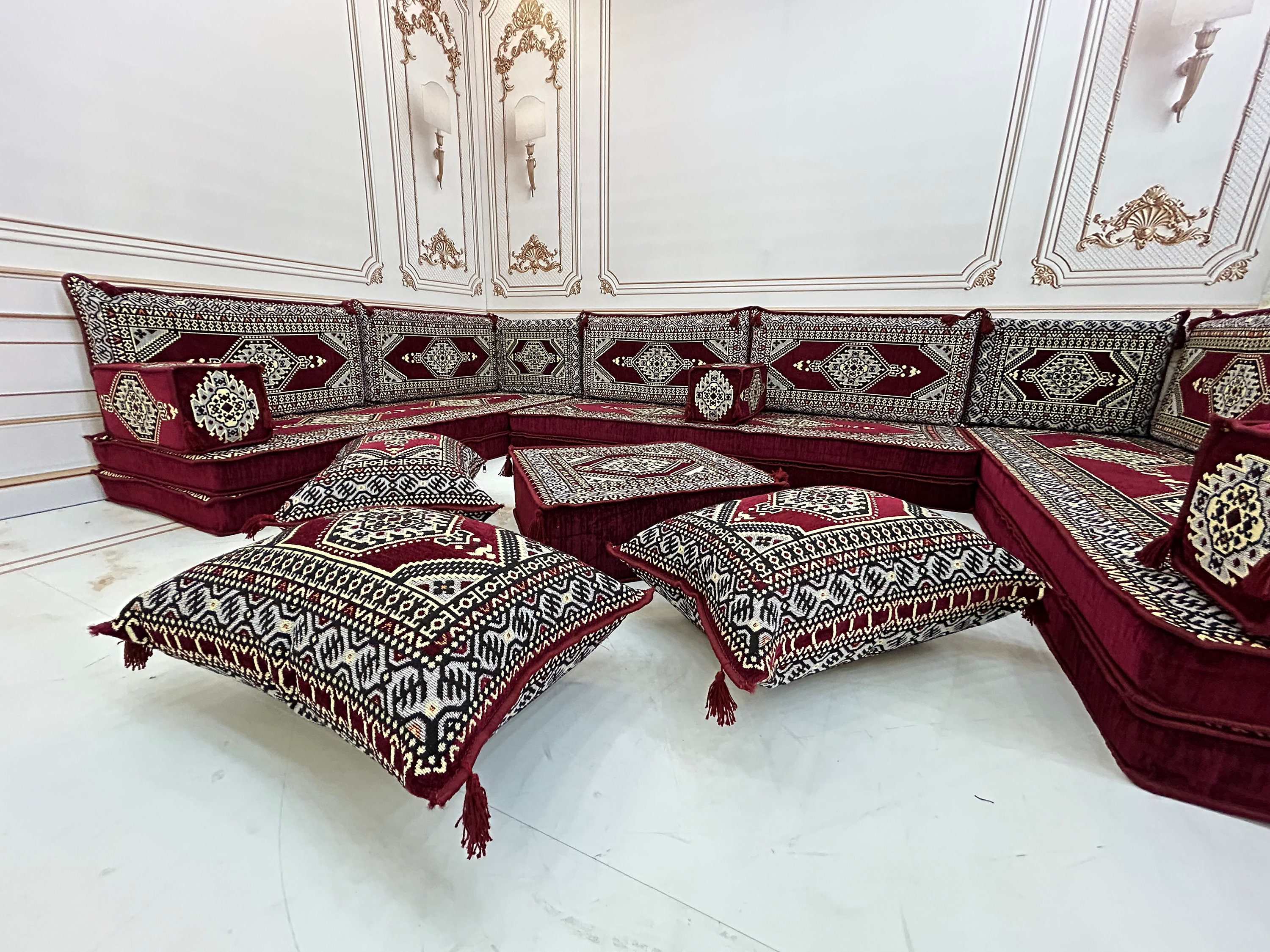 8 Maroon Color U Shaped Arabic Sofa Set,arabic Majlis,floor Cushions ...