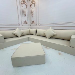 Cream Linen L-shaped Sectional Sofa: Floor Seating Cushion Set - Etsy UK