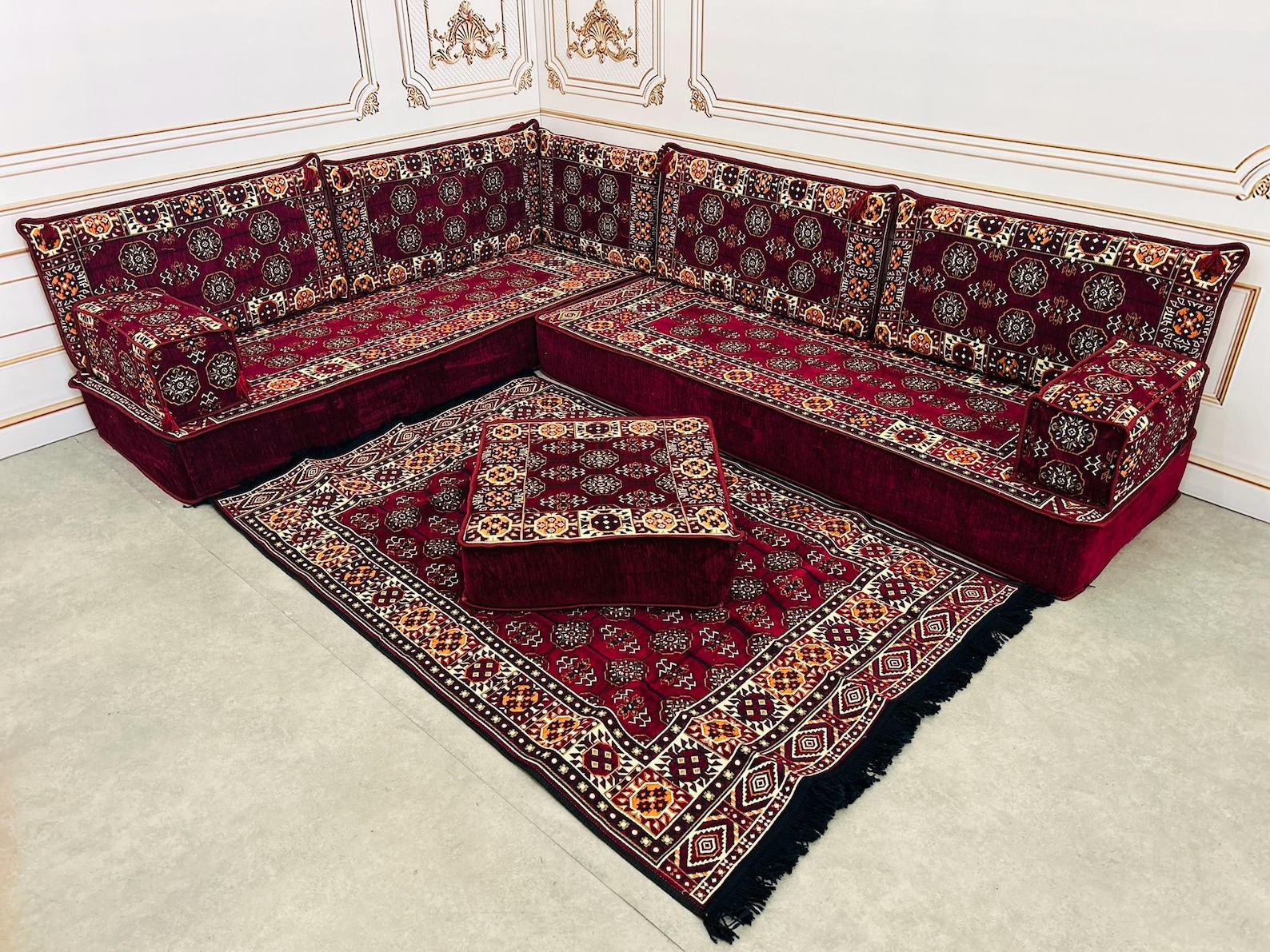 Oriental Majlis Floor Seating Set: L-shaped Arabic Sofa, Cushions & Rug ...