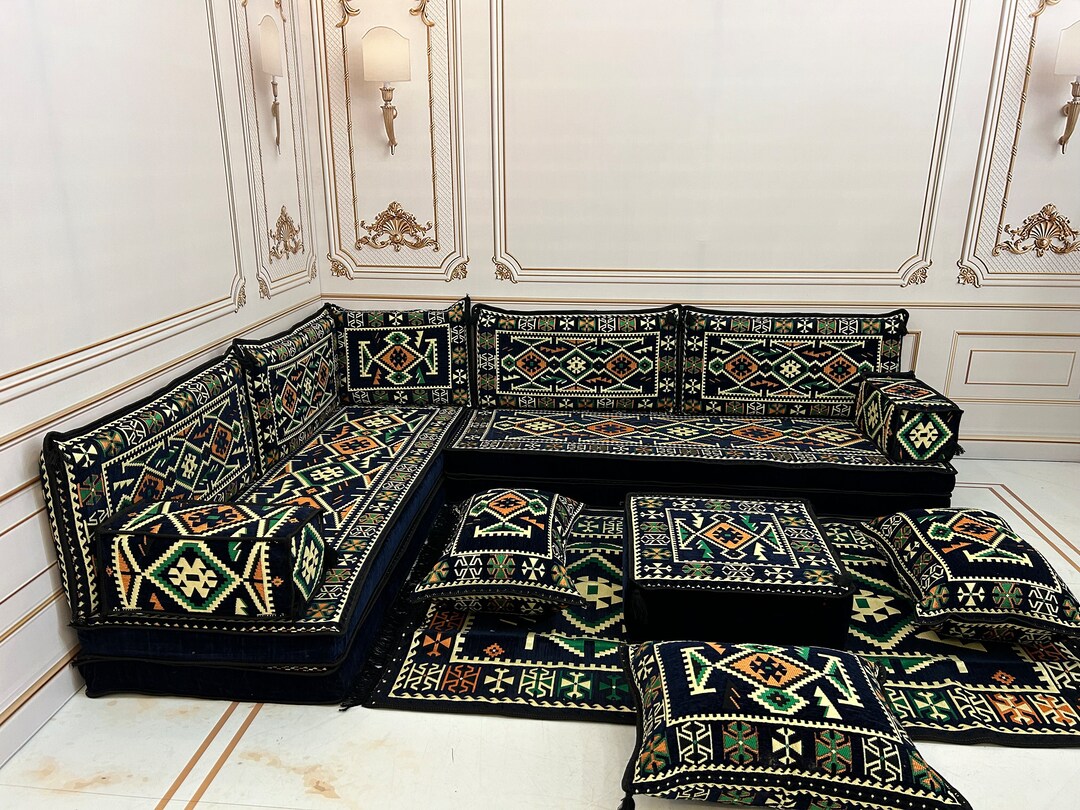 8" Thick L Shaped Navy Blue Ethnic Arabic Living Room Floor Seating ...