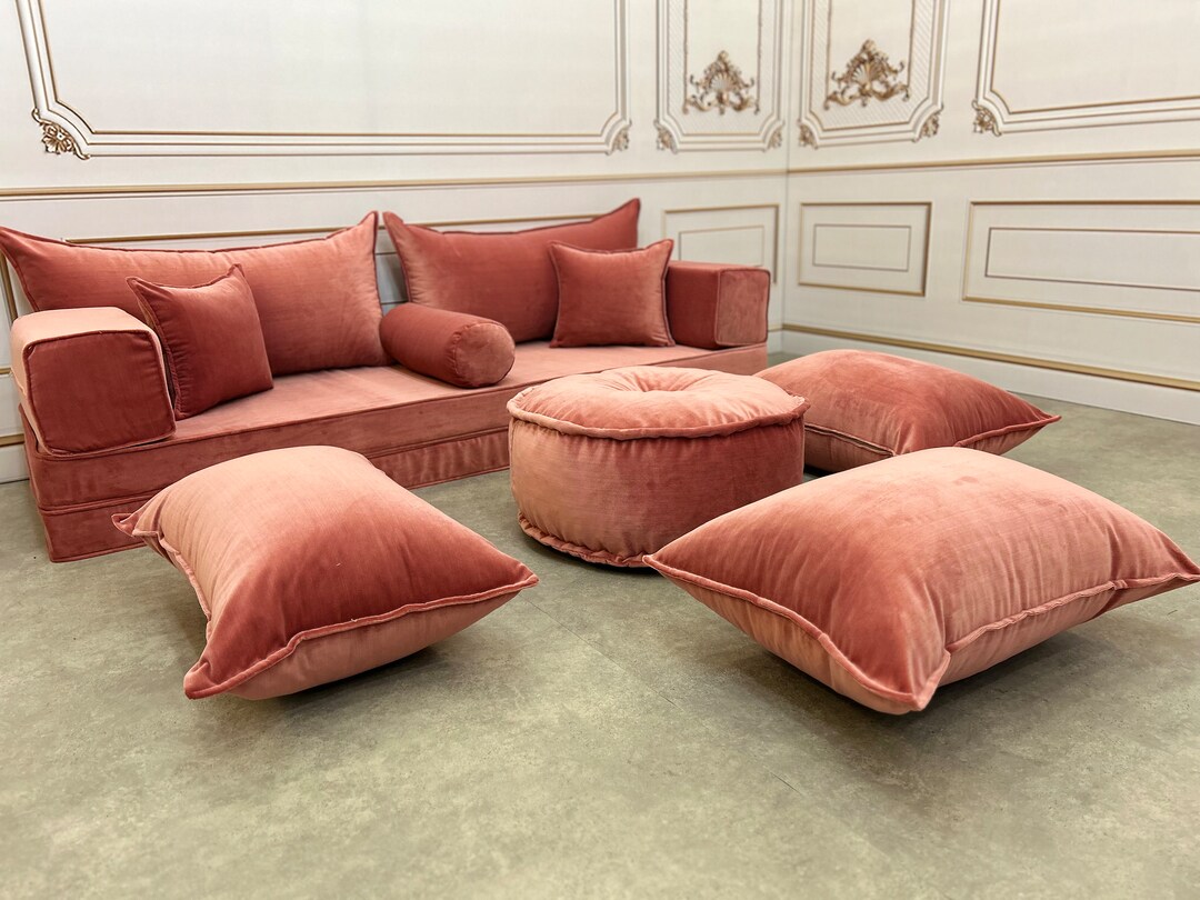 Salmon Velvet Floor Cushion Set: Luxury Modular Seating - Etsy