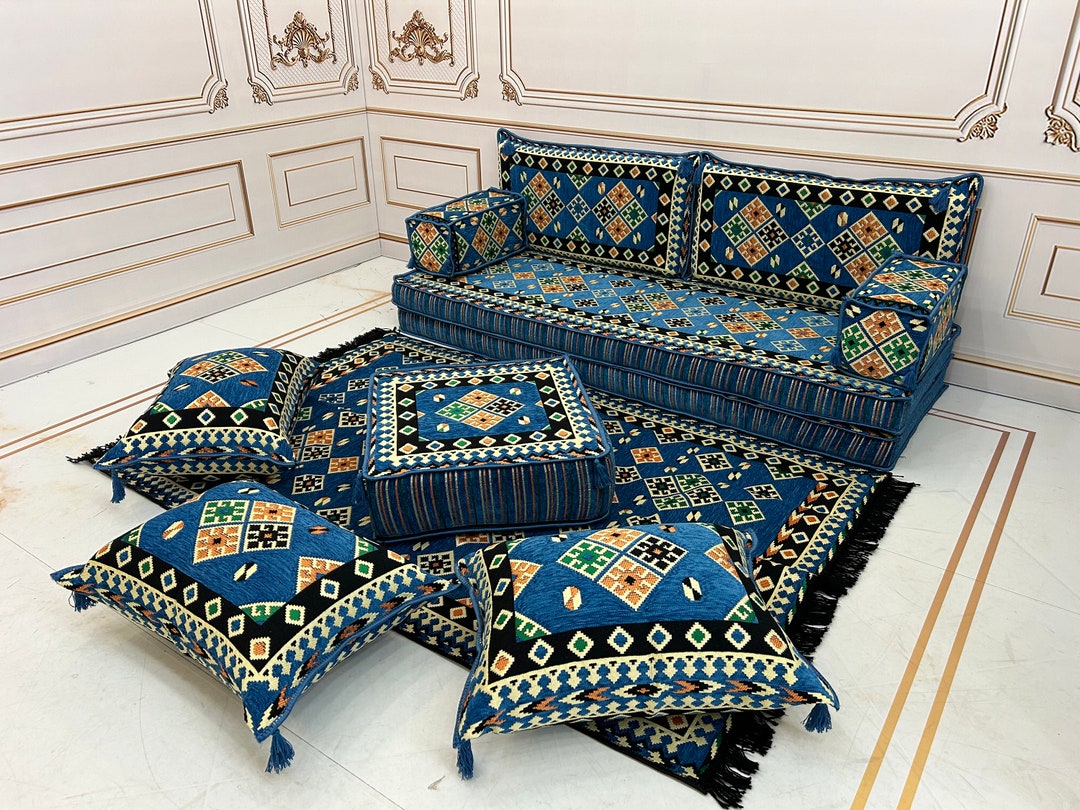 Navy Arabic Majlis Sofa Set: Floor Seating, Ottoman & Rug - Etsy