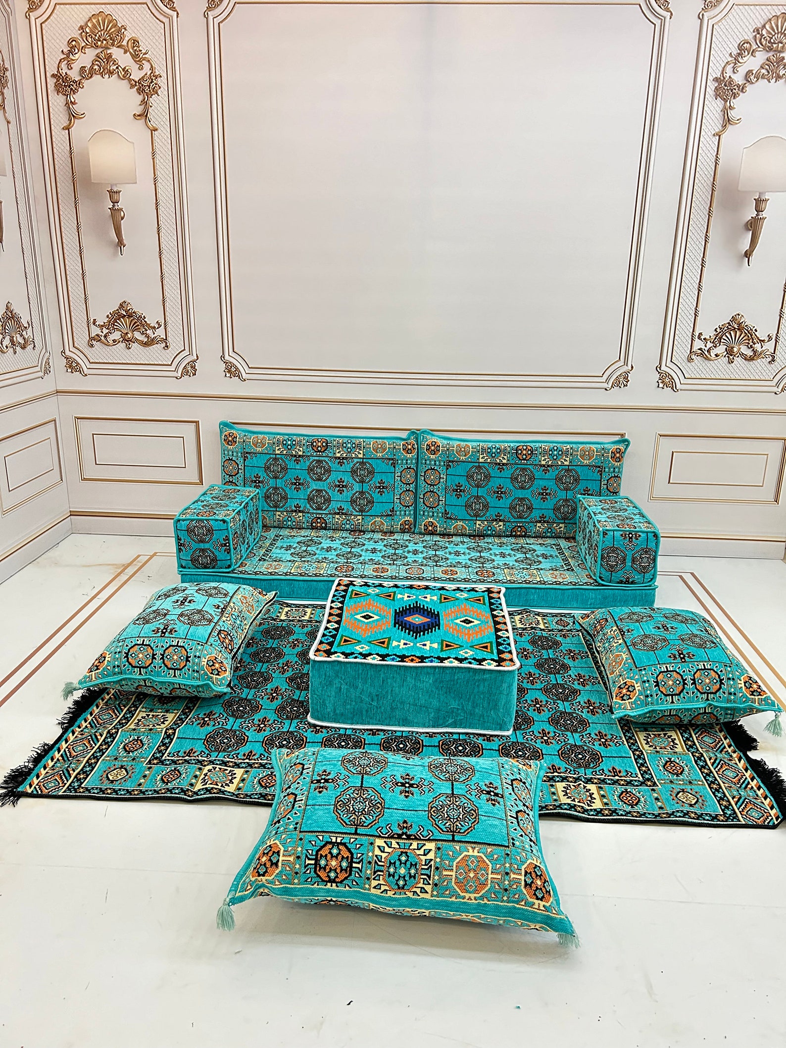 Arabic Floor Seating Sofa Set: Kilim Rug, Cushions & Ottoman - Etsy