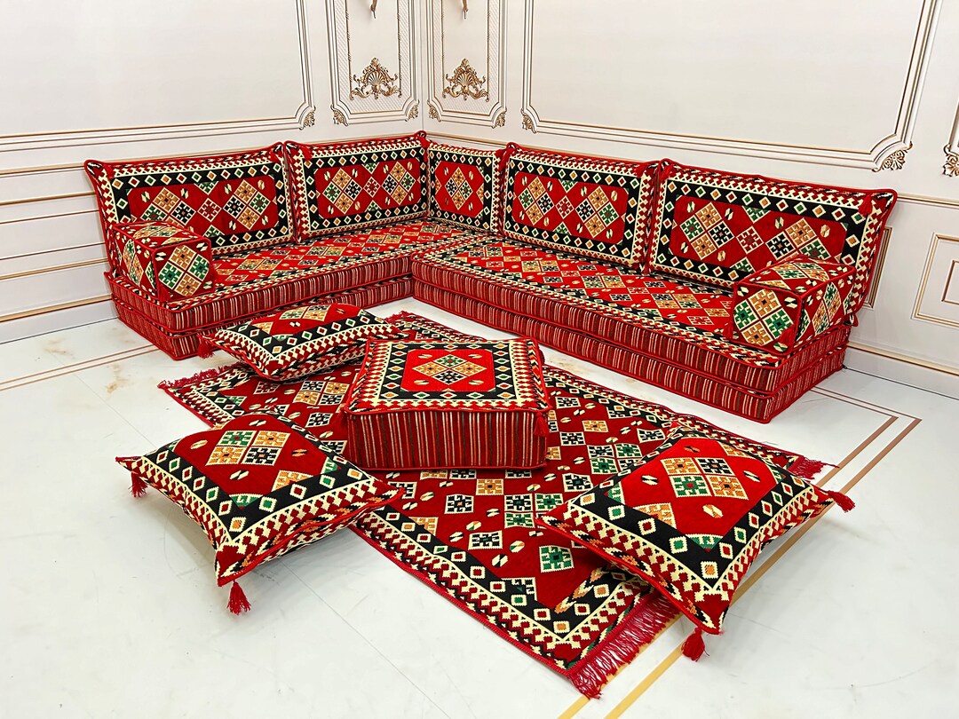 Red Arabic Majlis Sofa Set: L-shaped Ottoman Couch & Rug - Etsy