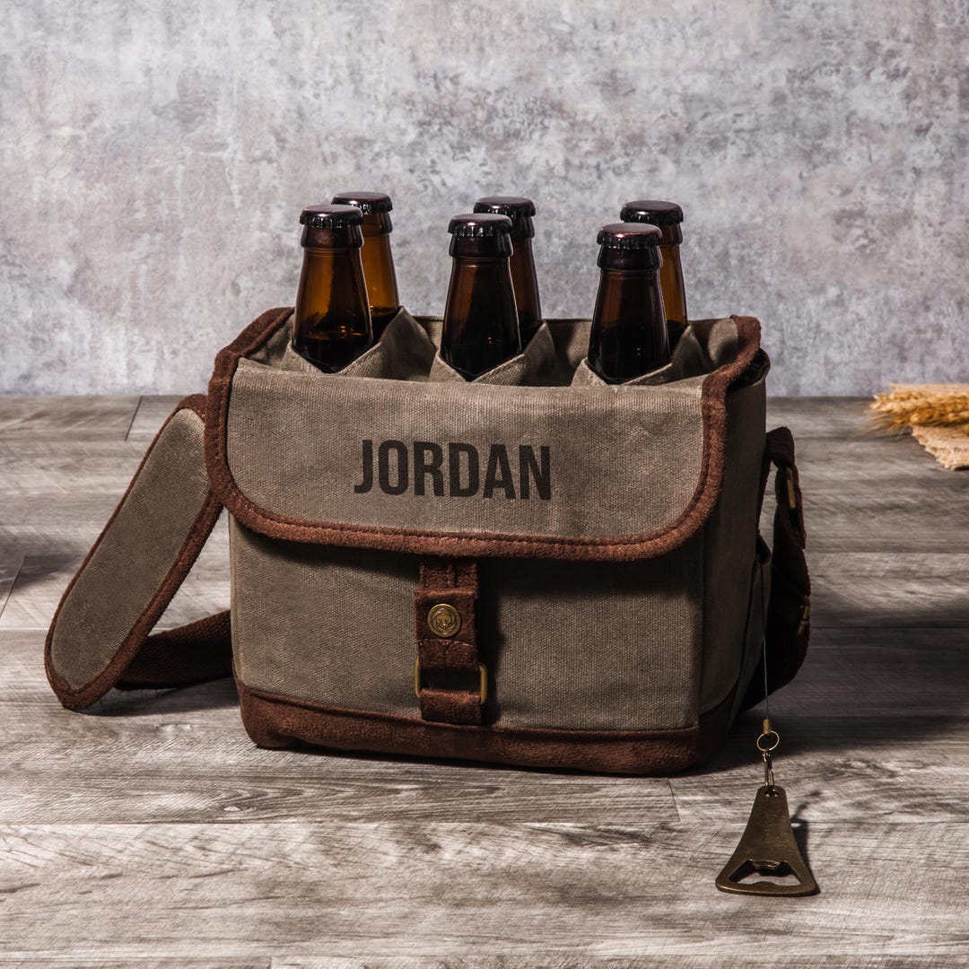 Personalized Waxed Canvas Beer Caddy: Six Pack Cooler With Bottle ...