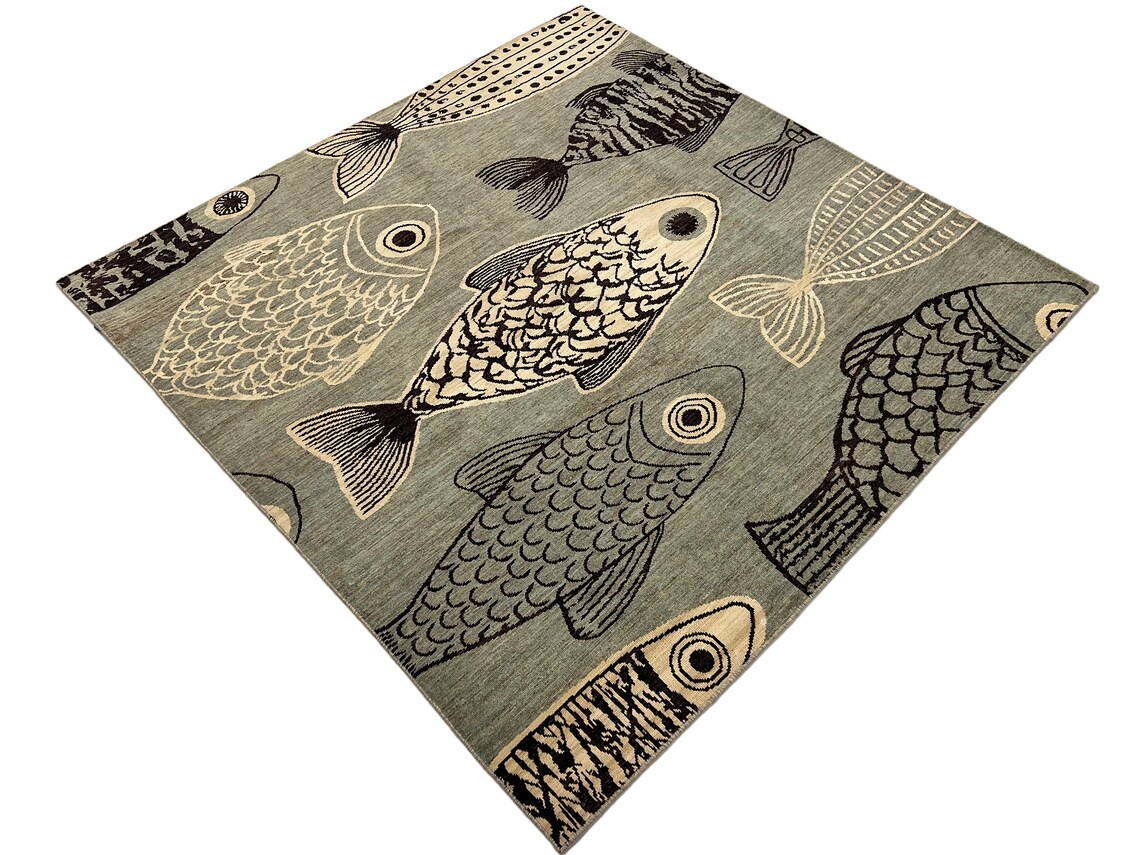 Handmade (8' X 8') Kids Room Fish Rug - Square Gabbeh Wool Area Rug ...
