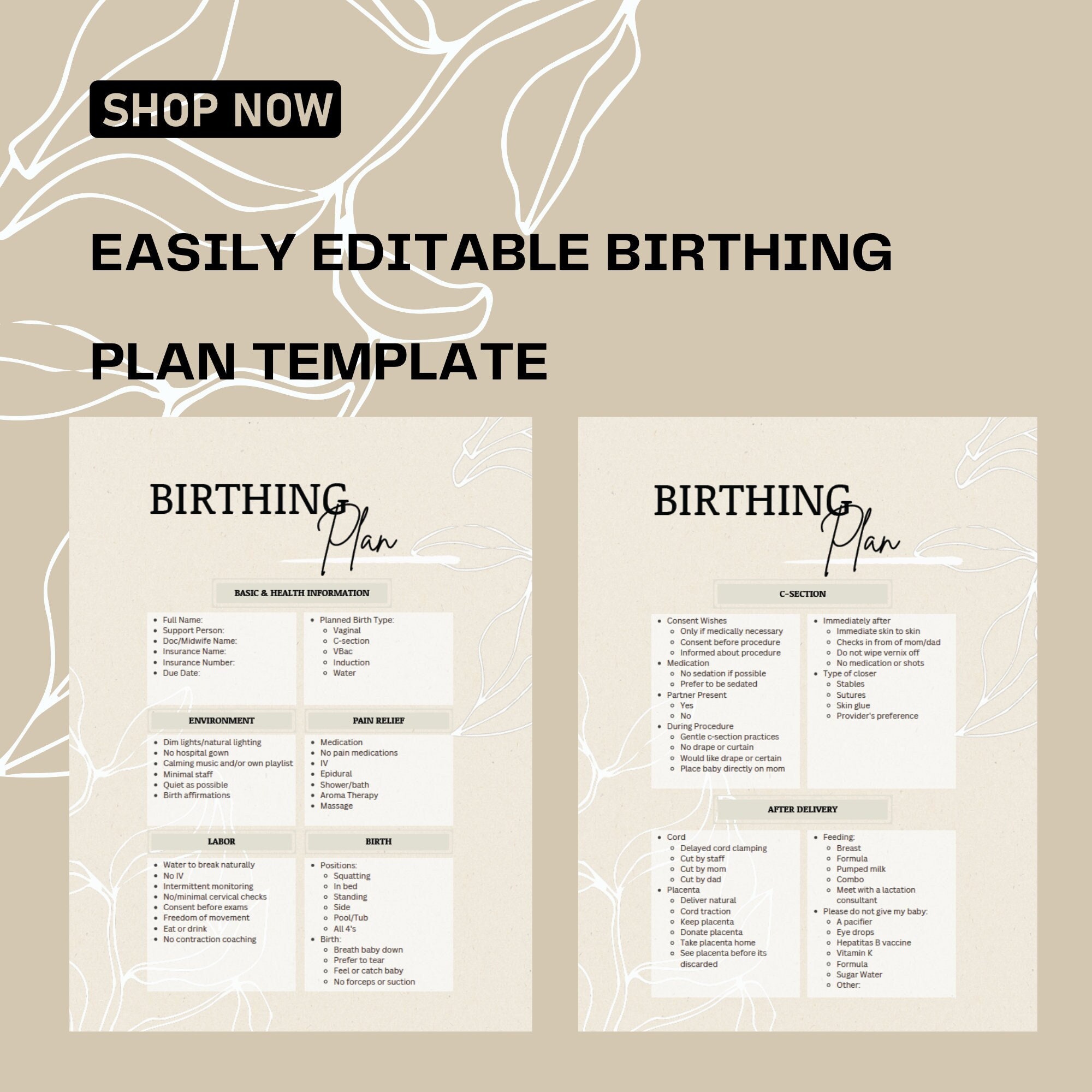 Editable & Printable Birthing Plan Template - Etsy