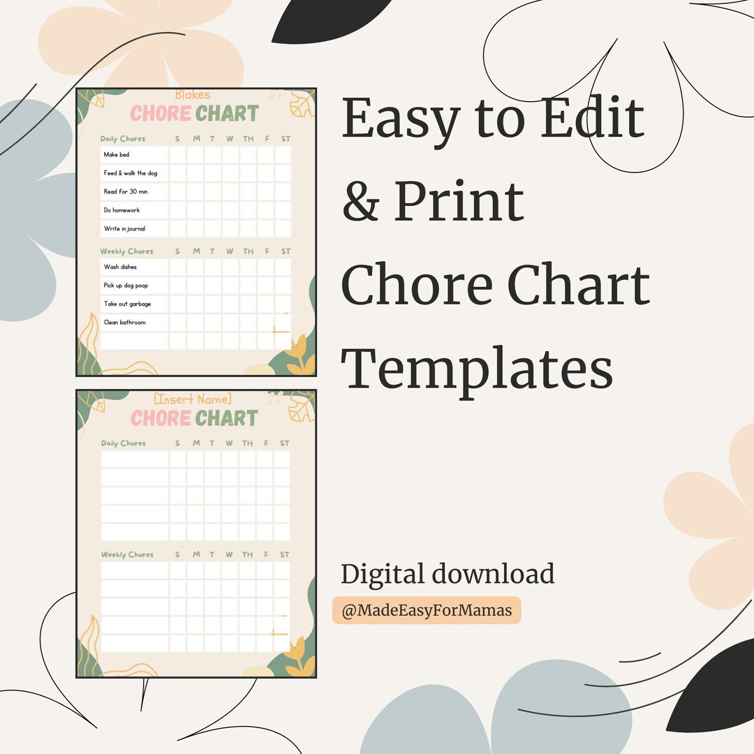 Editable & Printable Chore Charts | Digital Download | Chore Template ...
