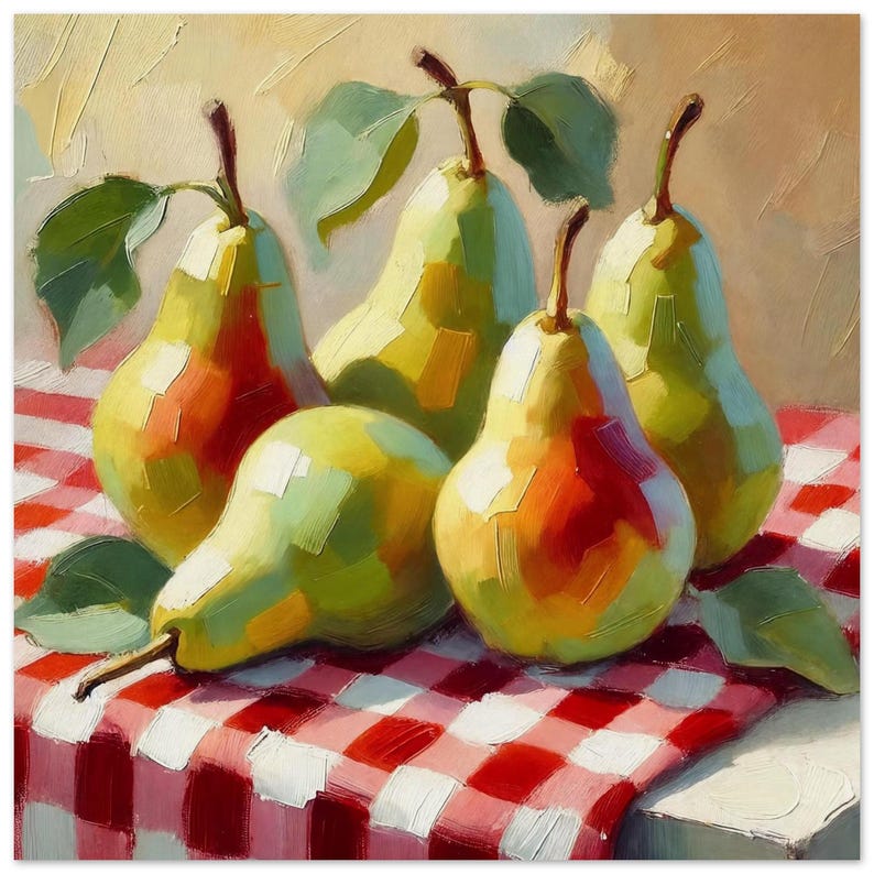 Farmhouse Pear Art Print – Green & Yellow Pears on Red Gingham, Square ...