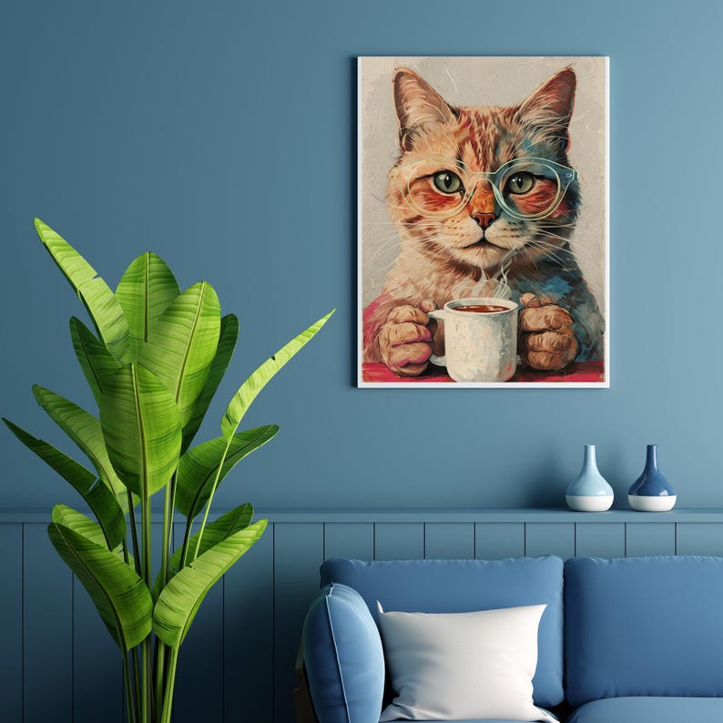 Cat Drinking Coffee Wall Art Cat Coffee Print Tabby Cat Print Cat Cafe ...