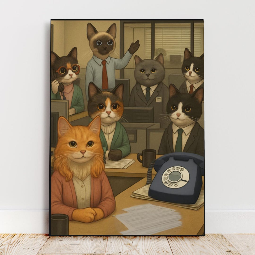 Funny Tabby Cat Office Wall Art Print Cats Working in an Office Decor ...