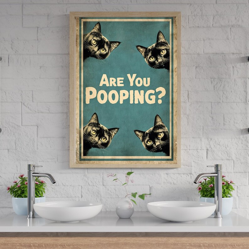 Funny Cat Bathroom Art Are You Pooping Black Cat Wall Print Quirky ...