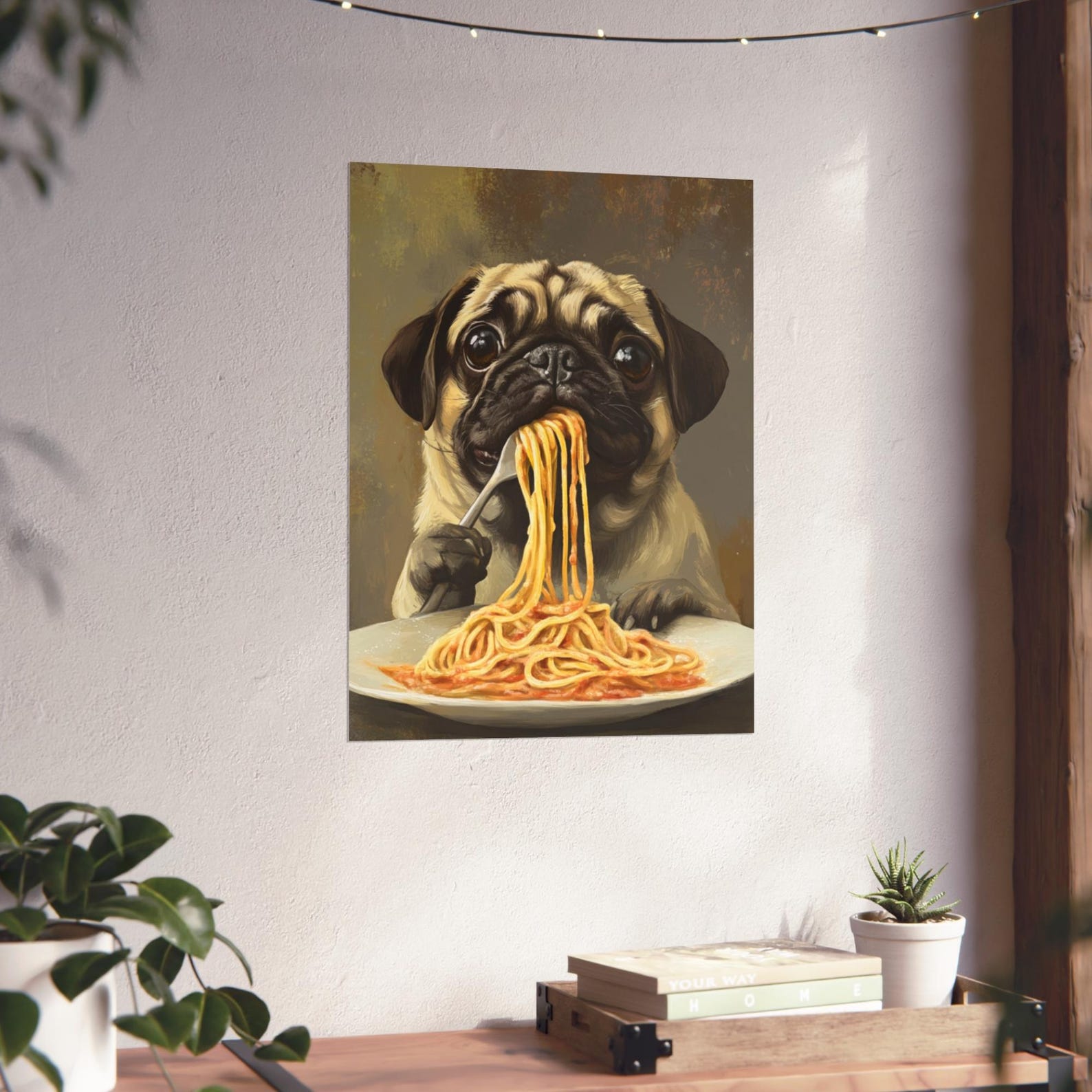 Pug Wall Art Funny Animal Eating Spaghetti Art Italian Food Wall Print ...