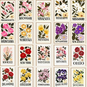 Custom State Flower Wall Art Print Home State Gift NC State Wall Art NY ...