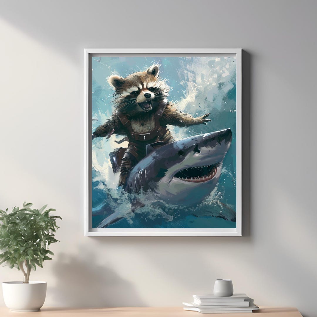 Raccoon Art Print Funny Raccoon Painting Raccoon Shark Art Raccoon Wall ...