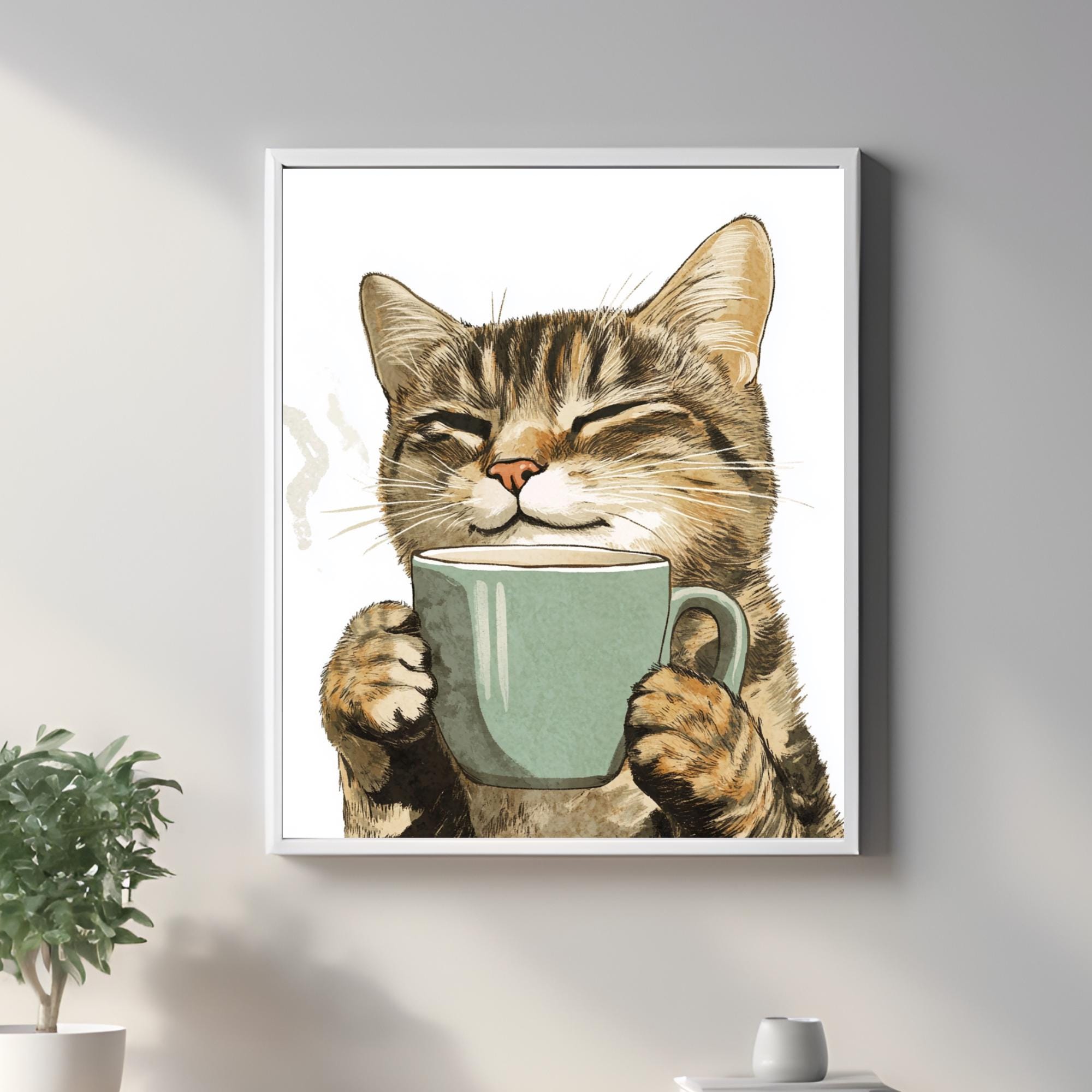Tabby Cat Coffee Wall Art Caffeinated Cat Print Funny Cat Lover Decor ...