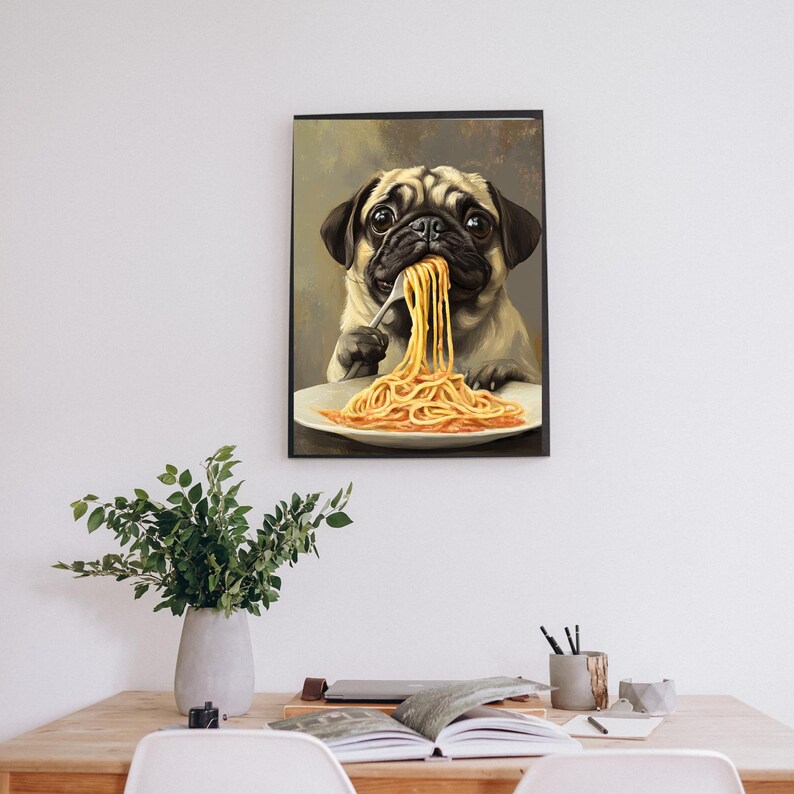 Pug Wall Art Funny Animal Eating Spaghetti Art Italian Food Wall Print ...