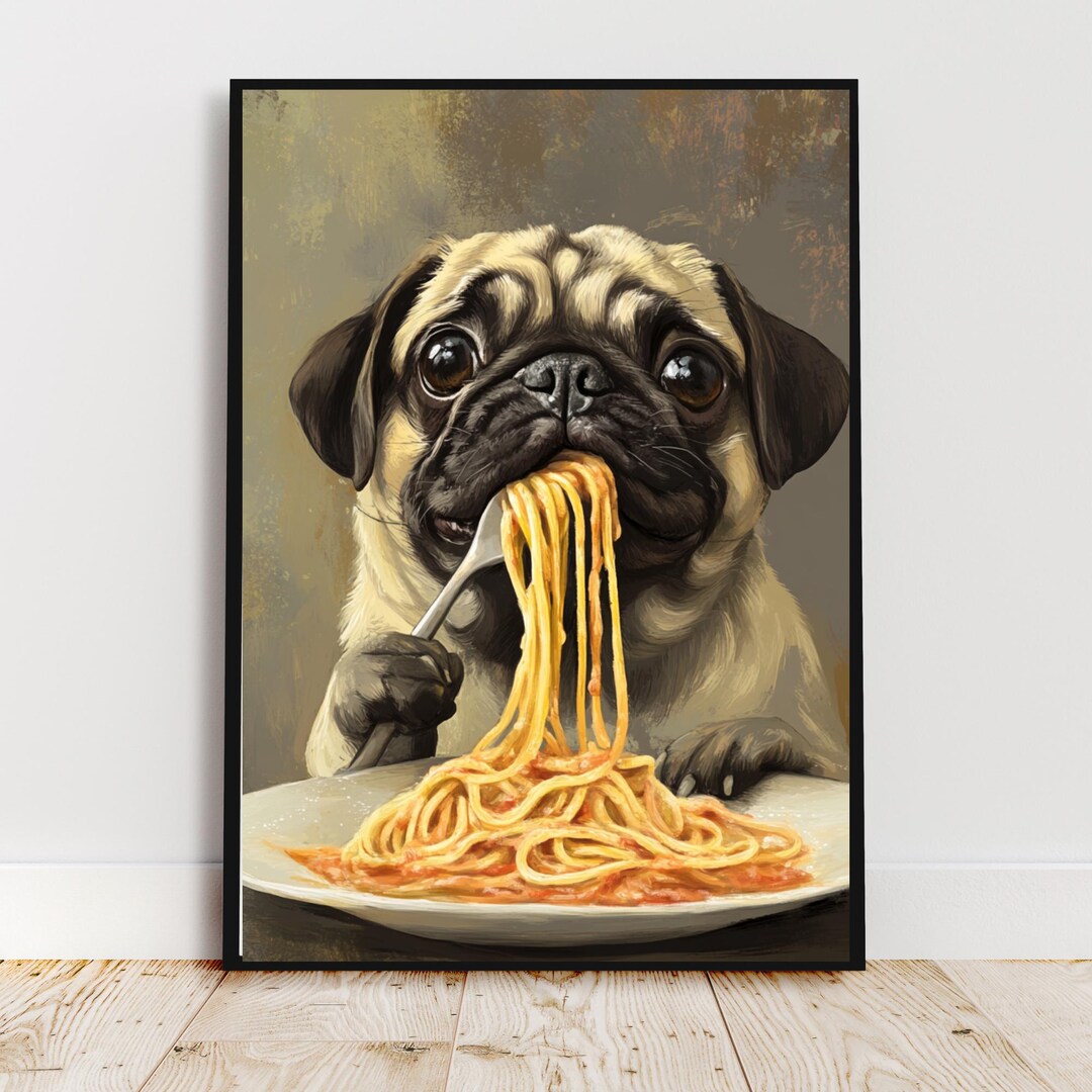 Pug Wall Art Funny Animal Eating Spaghetti Art Italian Food Wall Print ...