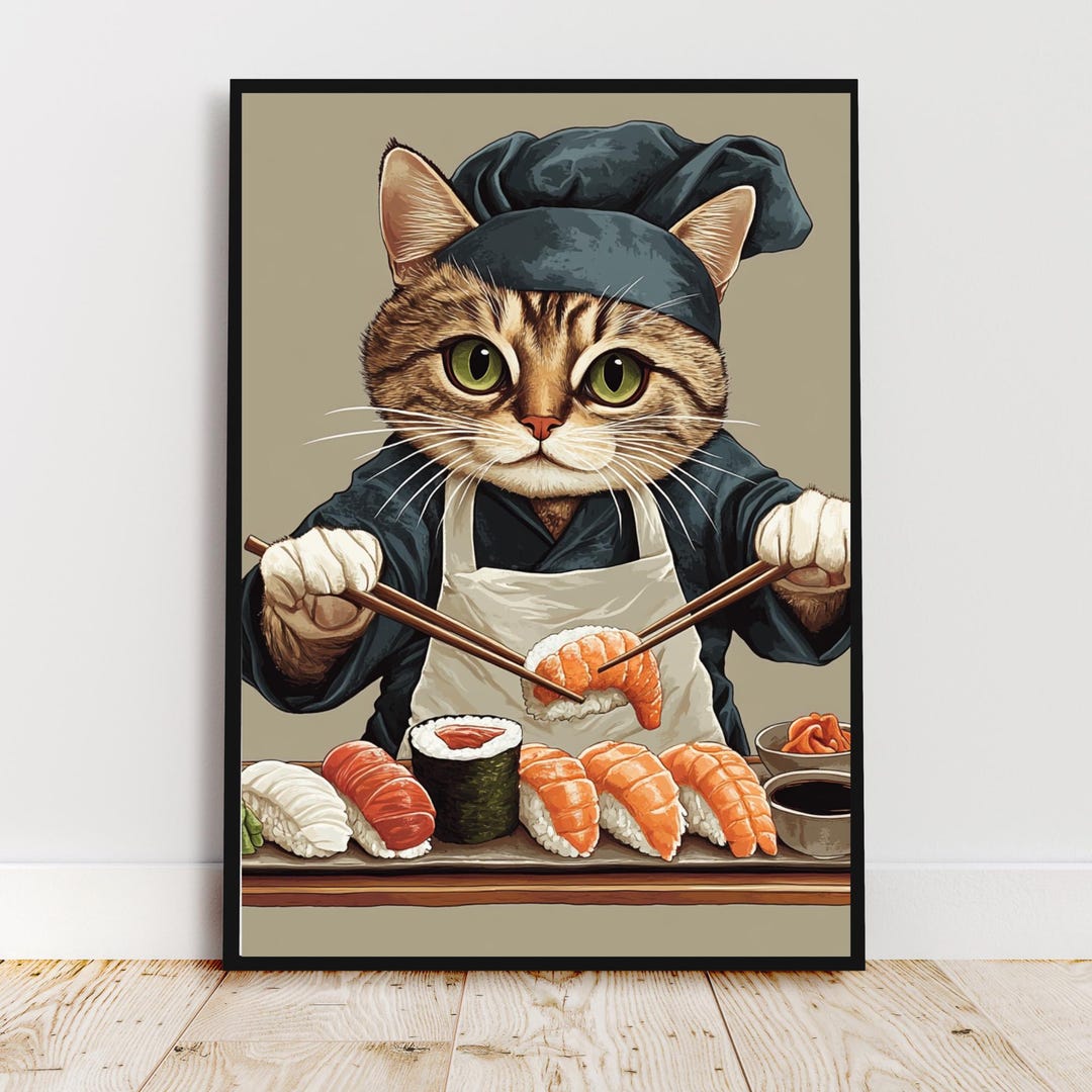Sushi Cat Poster Funny Cat Wall Art Cat Sushi Chef Wall Print Kawaii ...