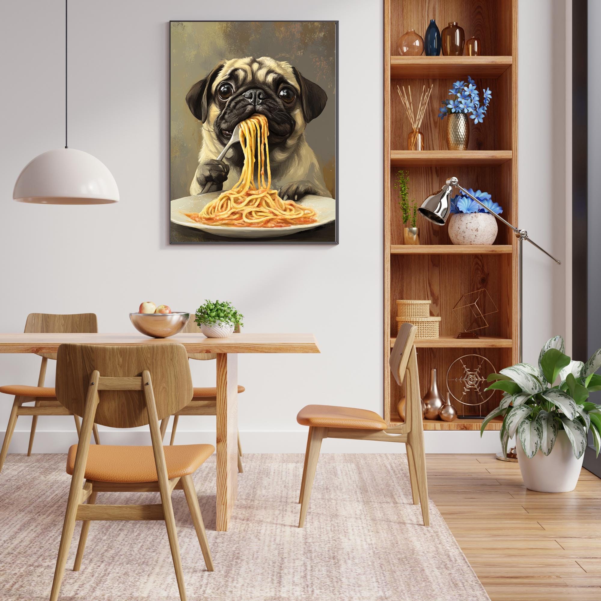 Pug Wall Art Funny Animal Eating Spaghetti Art Italian Food Wall Print ...